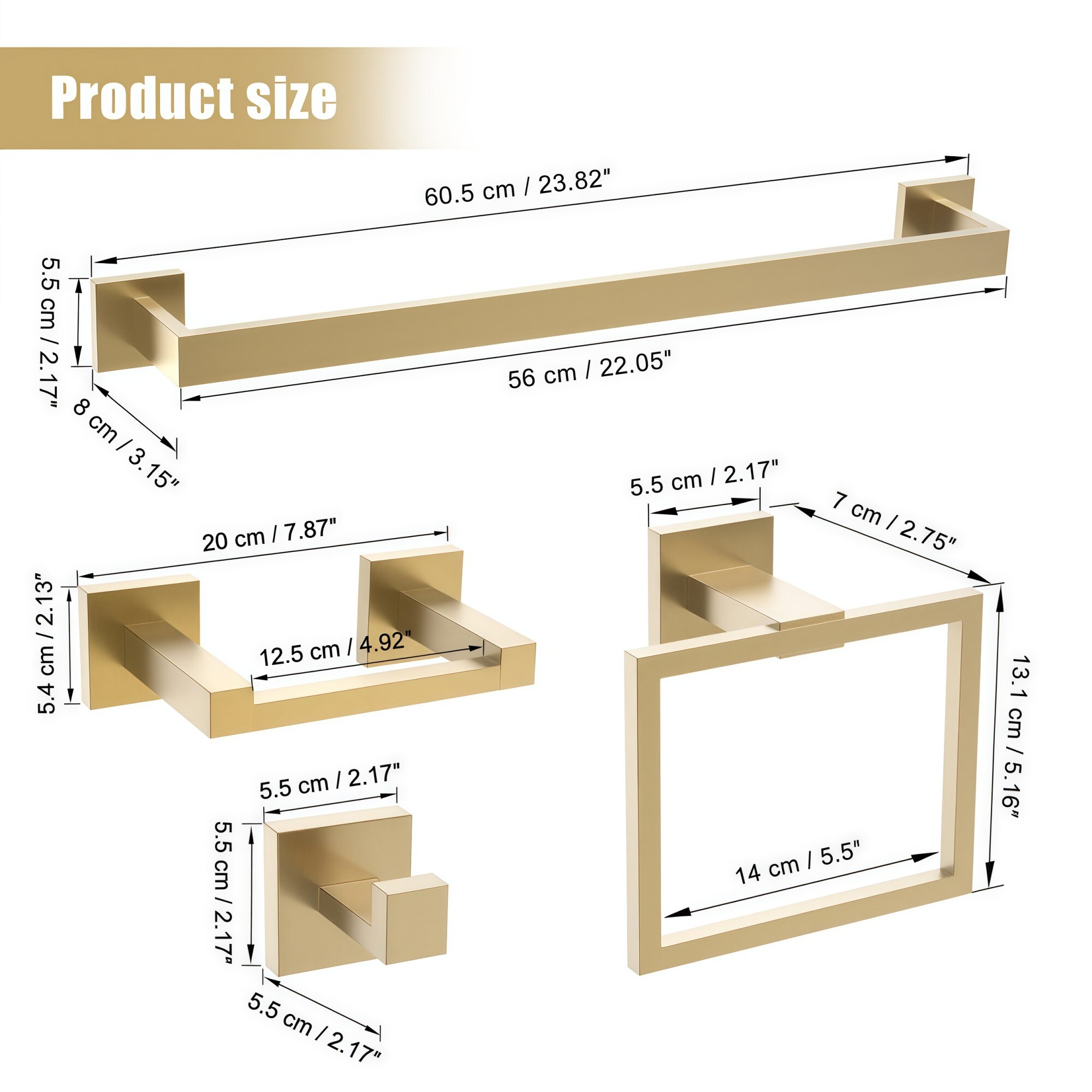 Numhew 23.6in L 5-Piece Brushed Gold Square Bathroom Hardware ...