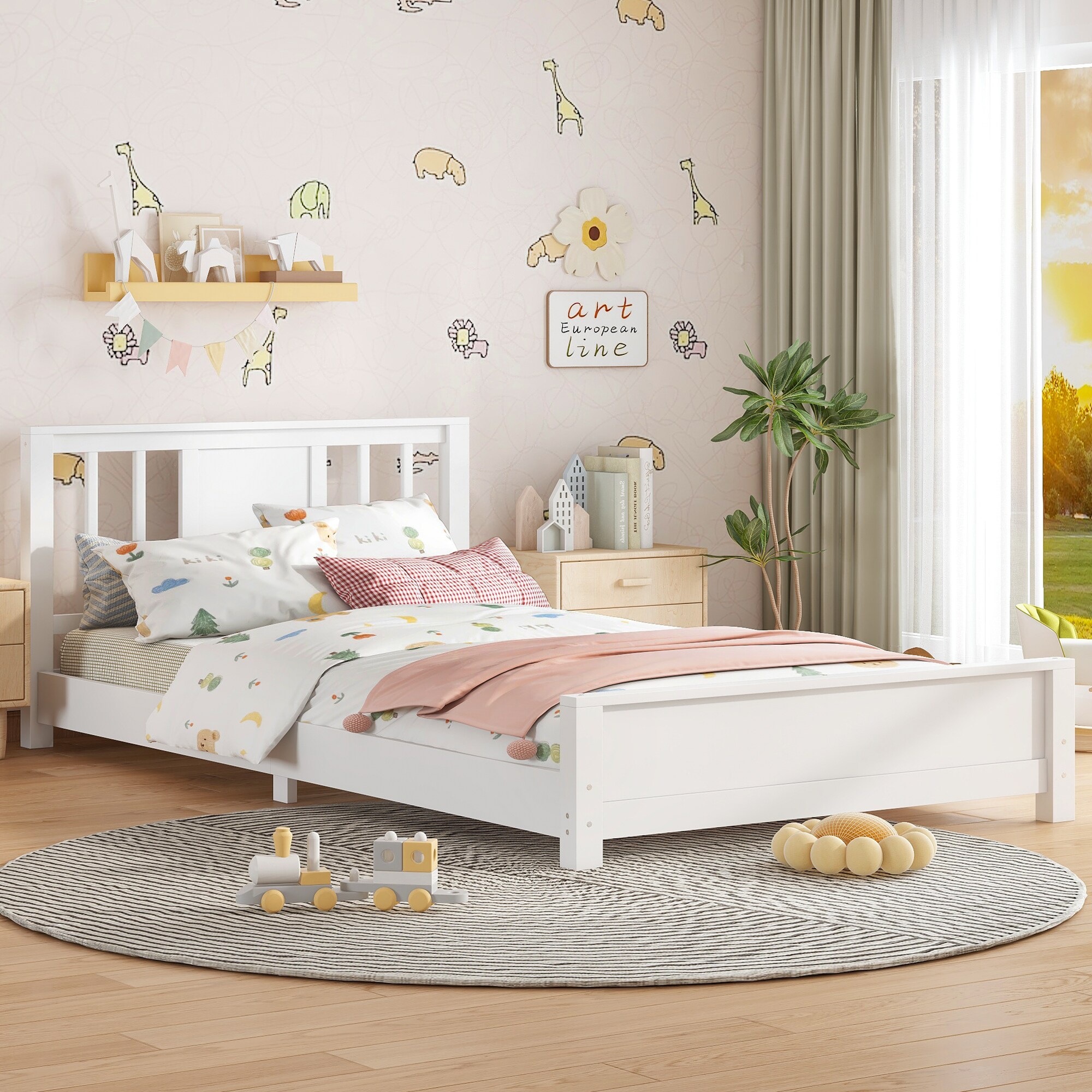 KTMBDW Twin Platform Bed with Headboard and Wood Slats -Solid Wood Low ...