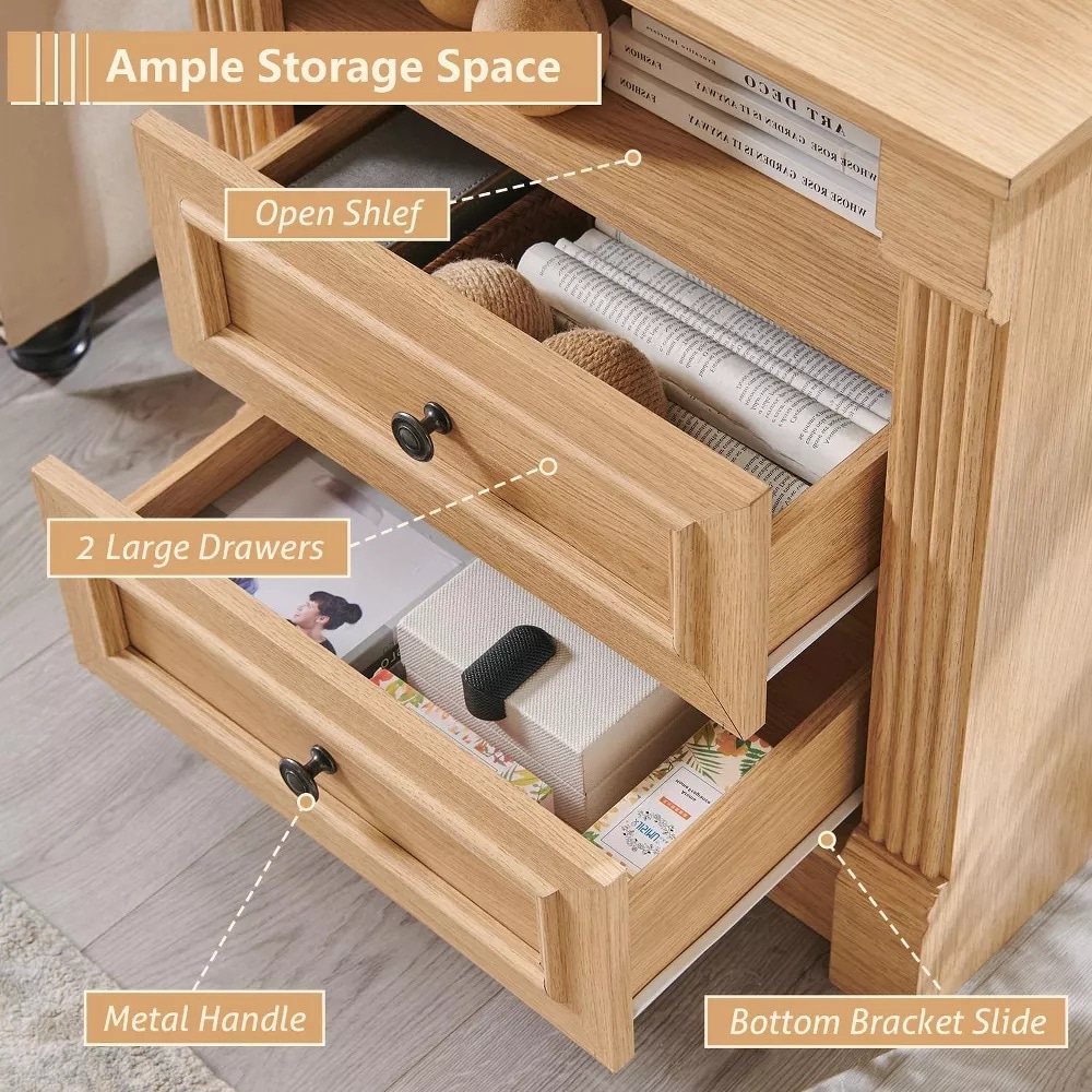 OKD 26in Tall Nightstand with Charging Station and 2 Drawers with Roman ...