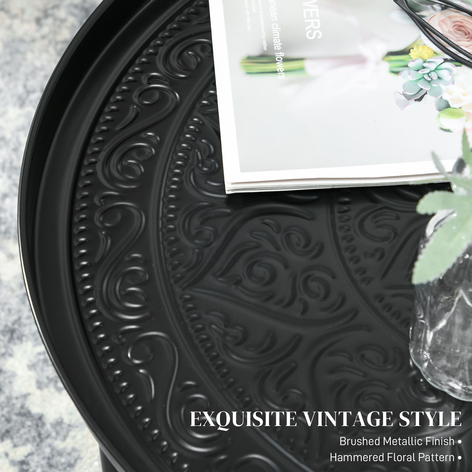 Tinyhomie 24Inch Round Coffee Table with Hammered Tray Top Vintage ...