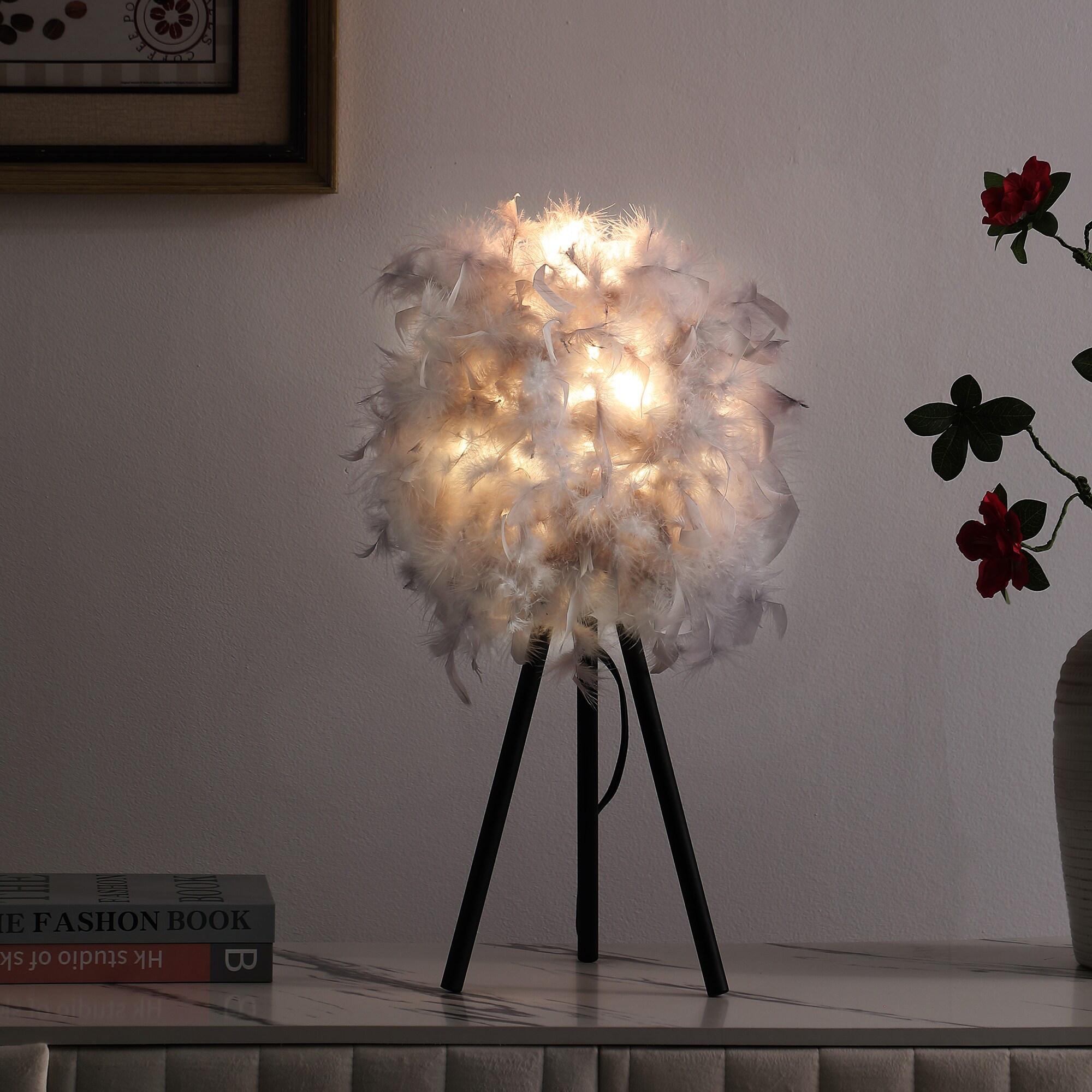Lukvuzo 20.5 Inch Soft Gray Feather Shade Modern Tripod Metal Table ...
