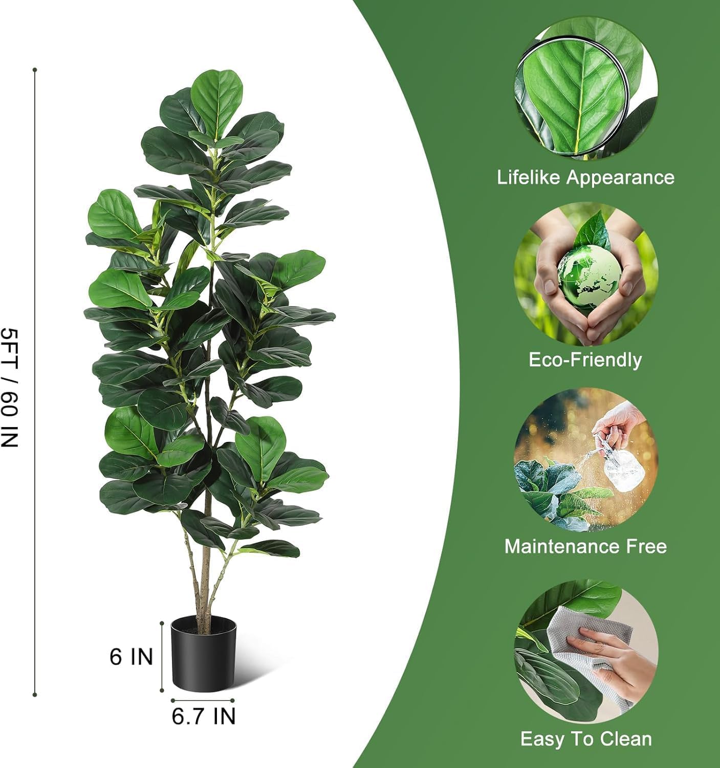 Garvee 5 ft Artificial Fiddle Leaf Fig Tree with Black Planter Pot Faux ...