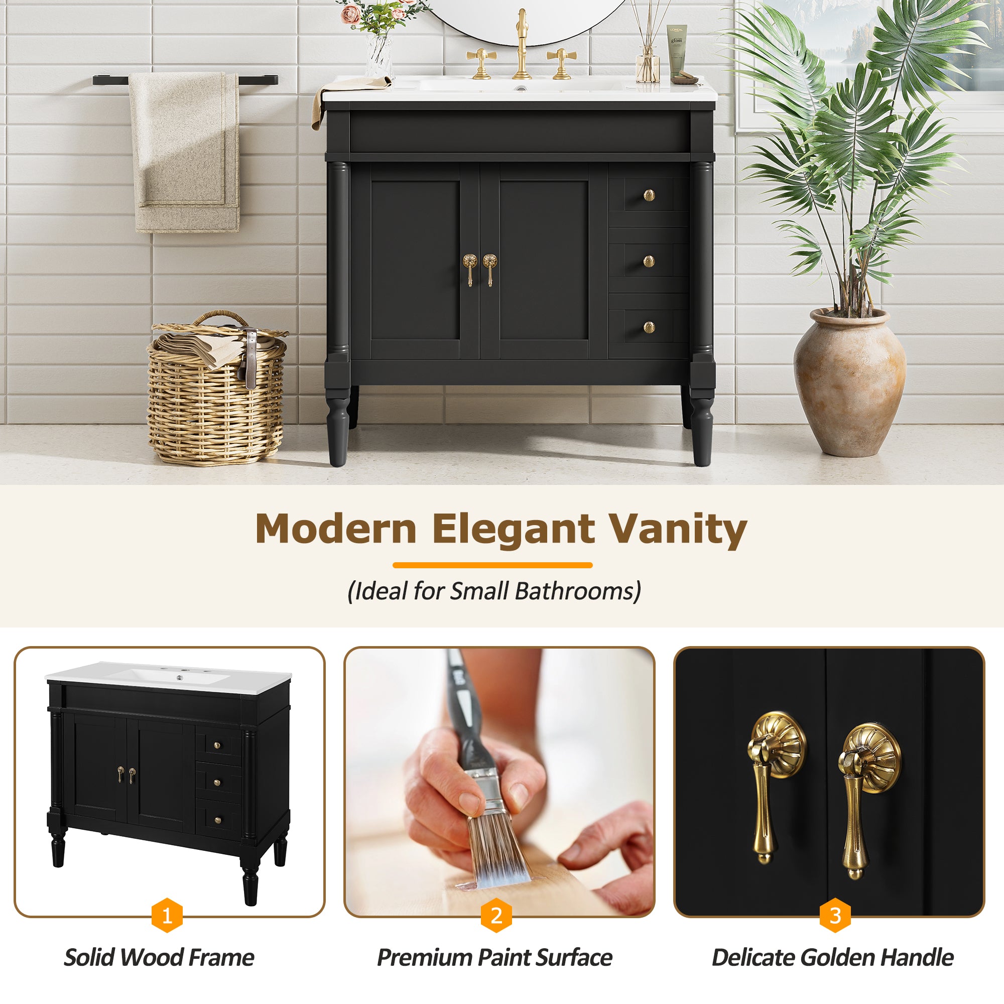 Vanityfus Black 36-in Bathroom Vanity Single Sink Combo Ceramic Top 2 ...