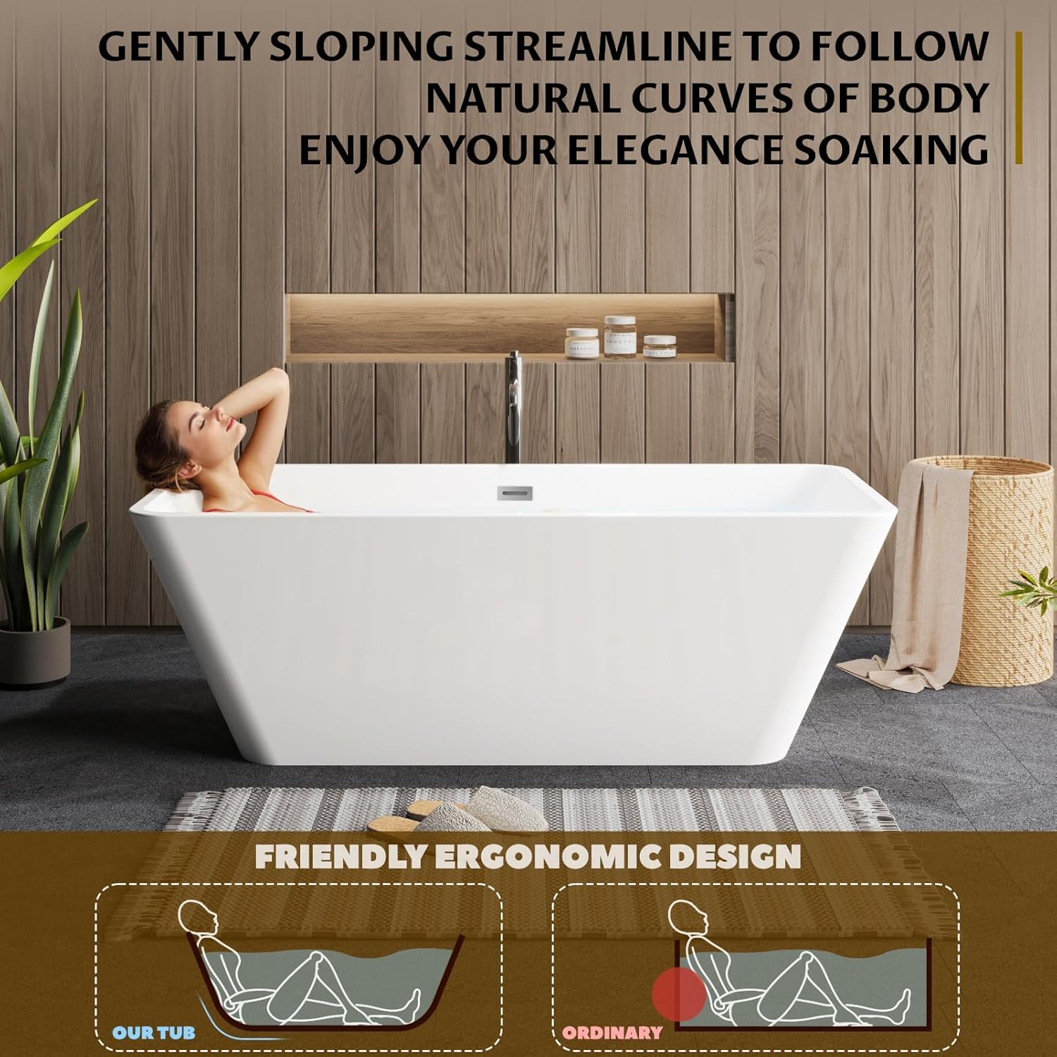 Qeetex Freestanding Bathtubs 66 inch – Glossy White Acrylic Stand Alone Bathtub with Overflow ...