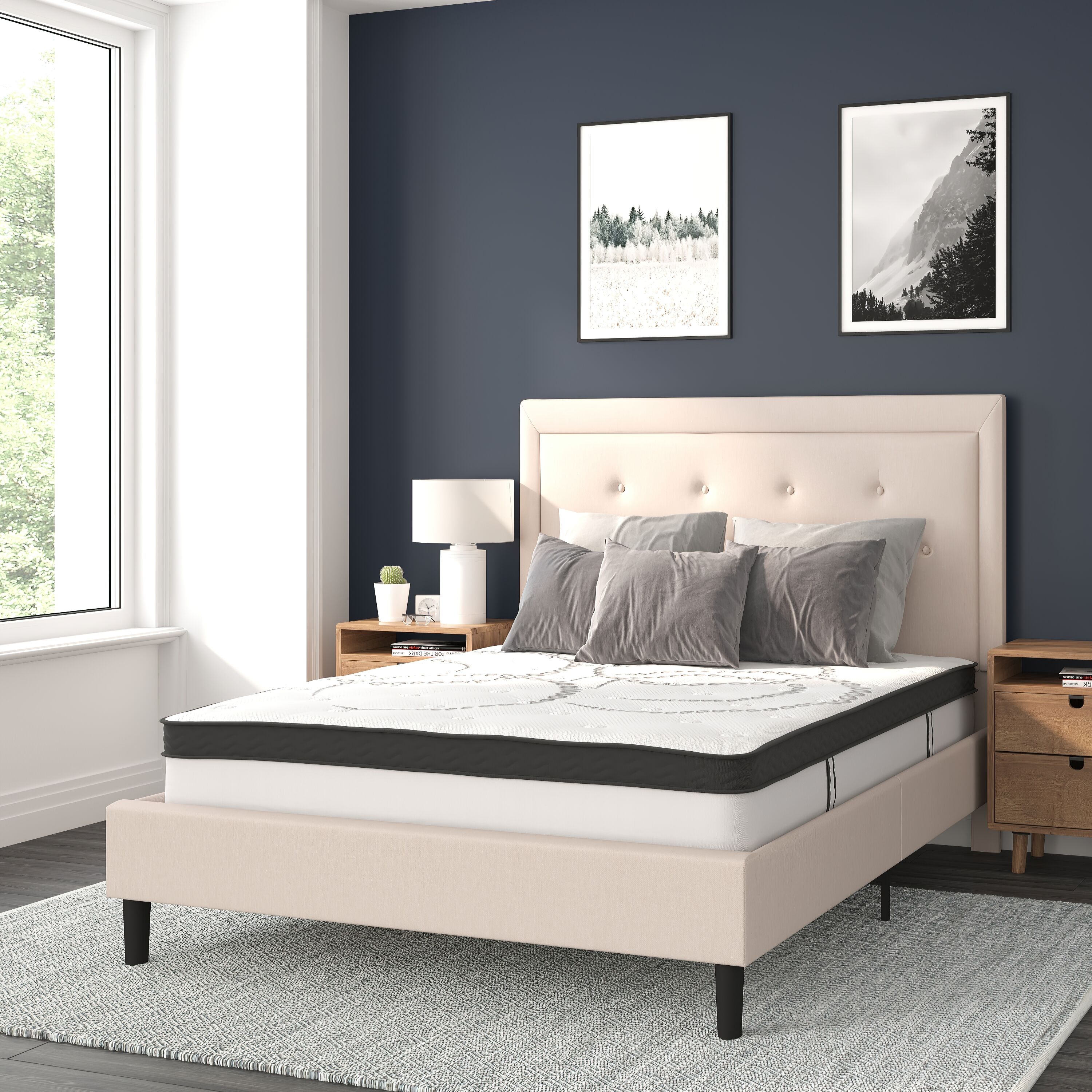 Emma + Oliver Full Tufted Platform Bed in Beige Fabric with 10 Inch ...