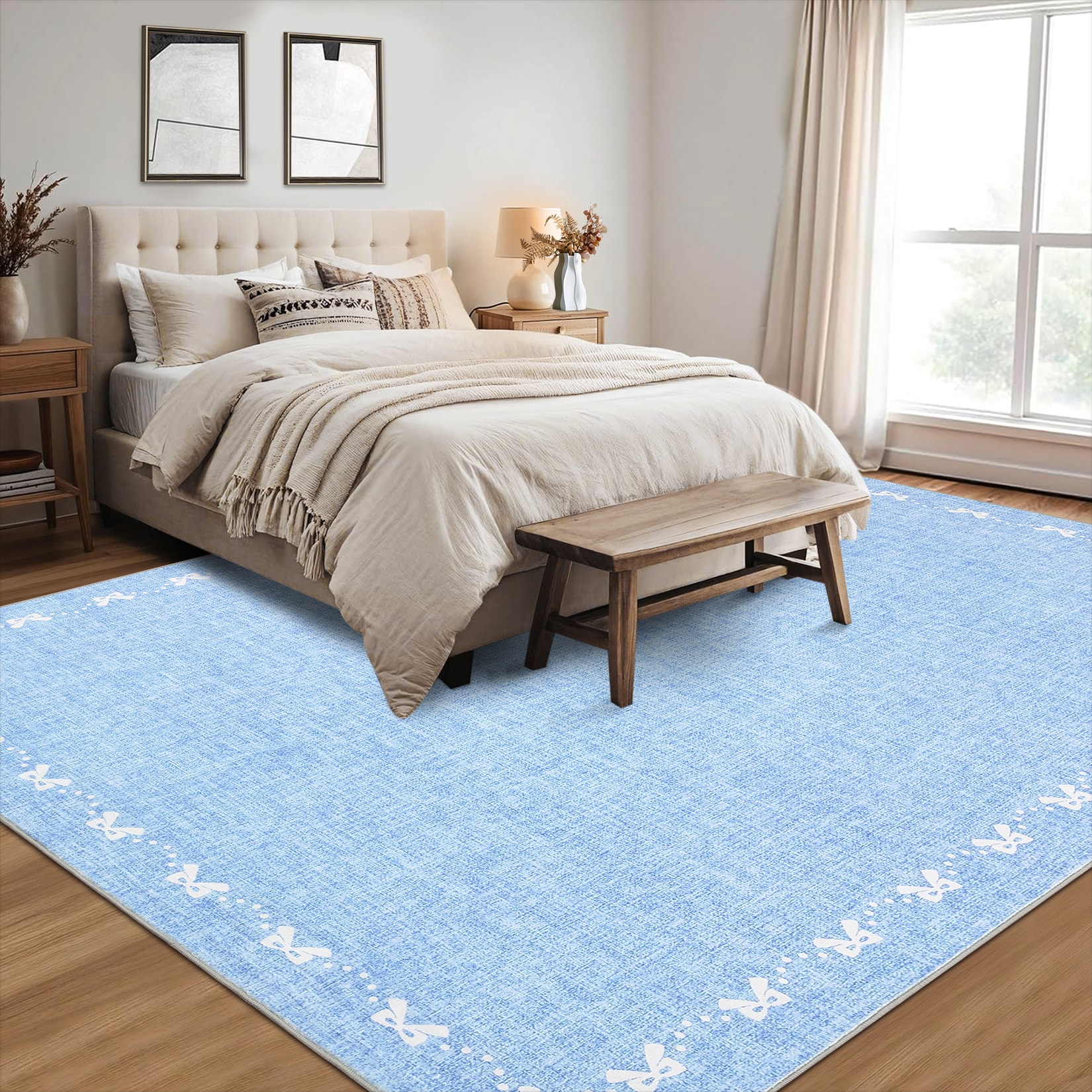 Garvee 9 x 12 ft Blue Polyester Rectangular Indoor Farmhouse Solid Bow ...