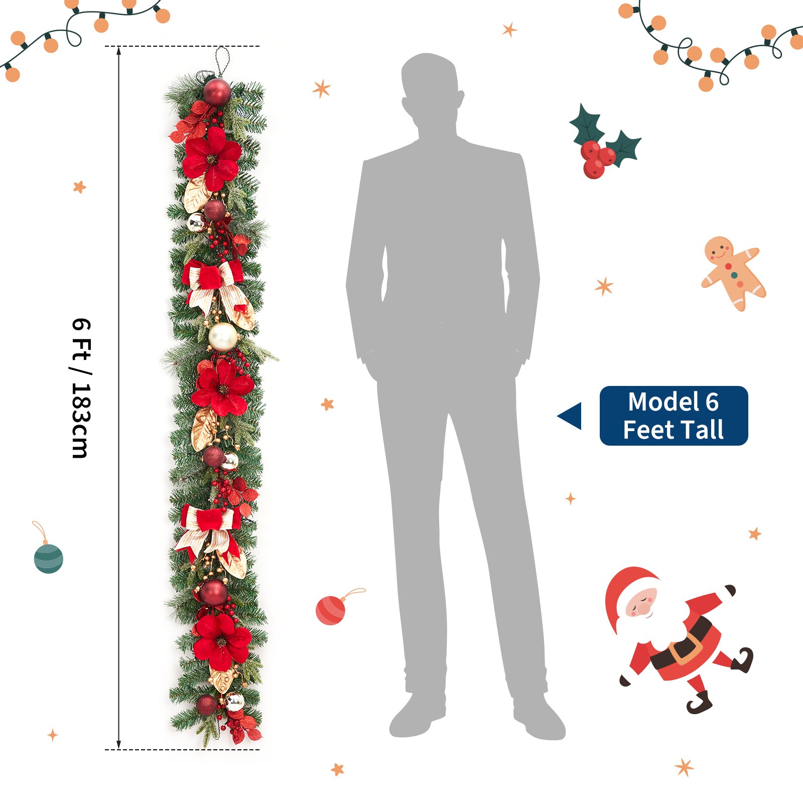GMC 6ft Artificial Christmas Wreath for Front Door with LED Lights Red ...
