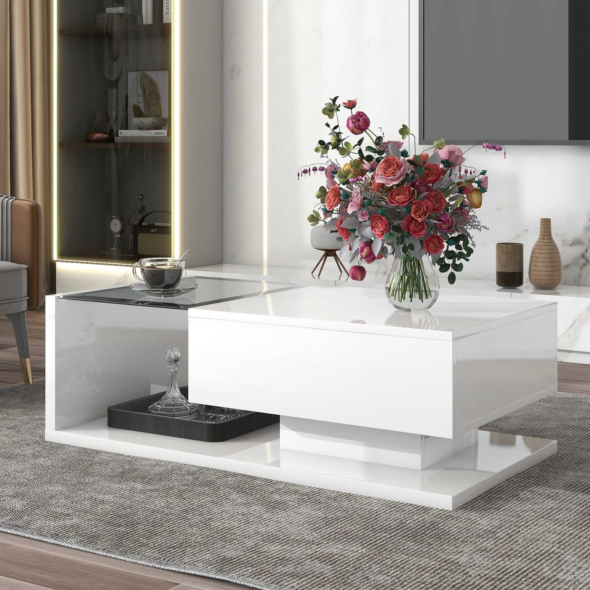 Vynxaria Modern Two Tier Coffee Table Tempered Glass Top Wooden Frame ...