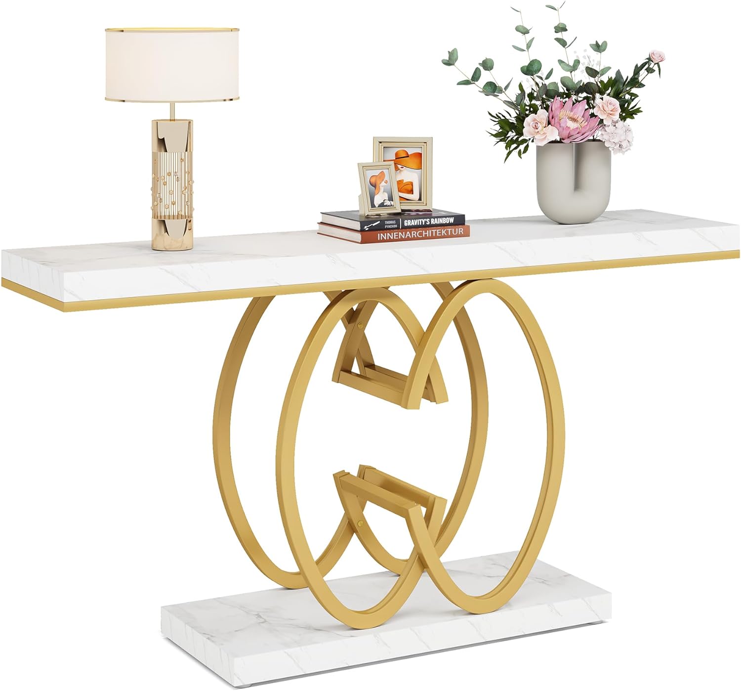 LOVMOR 55inch Faux Marble Console Table Gold Geometric Entryway Table ...