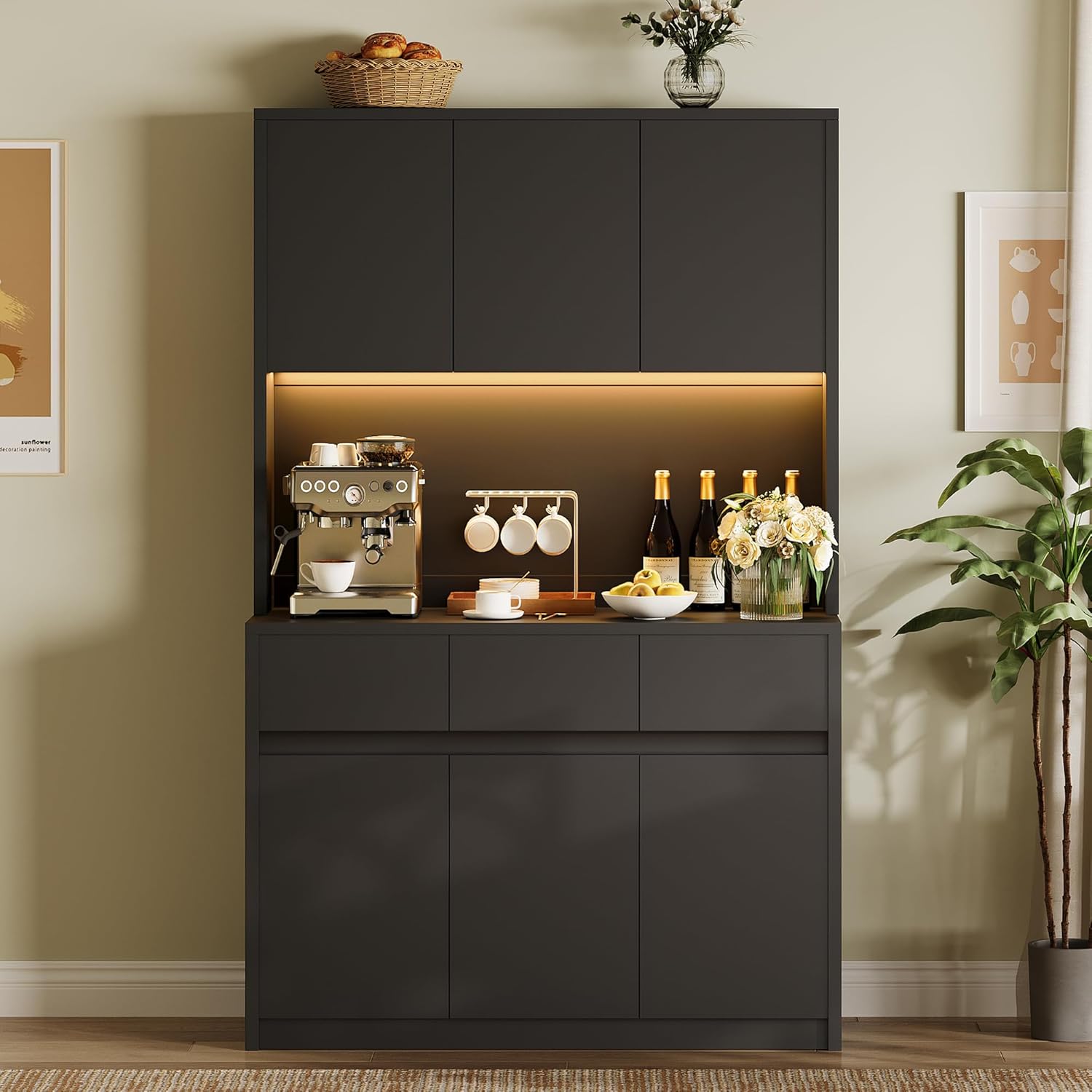 Garvee Tall Pantry Cabinet with Adjustable Shelves Doors Power Outlets ...