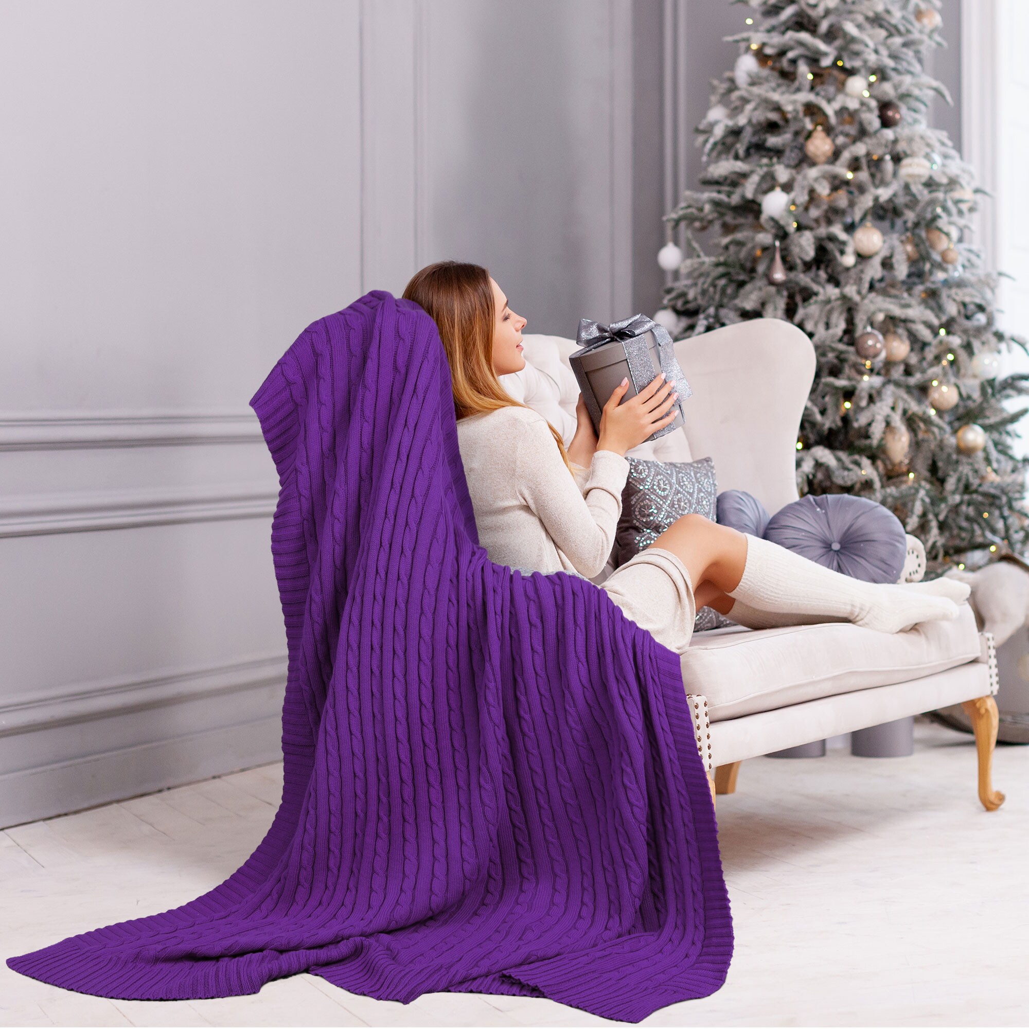 Unique Bargains Cotton Cable Knit Throw Blanket Soft Throw Couch Covers ...