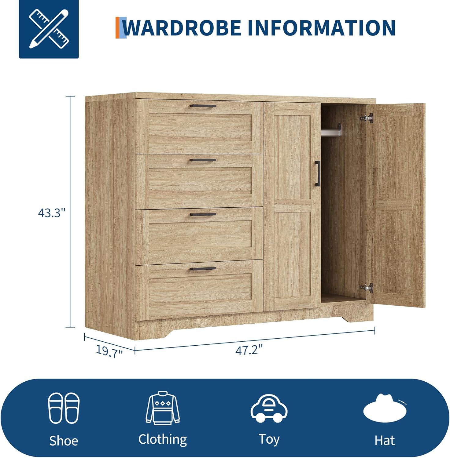Garvee Modern Multifunctional Wooden Dresser for Bedroom 43.3 inch 2 ...