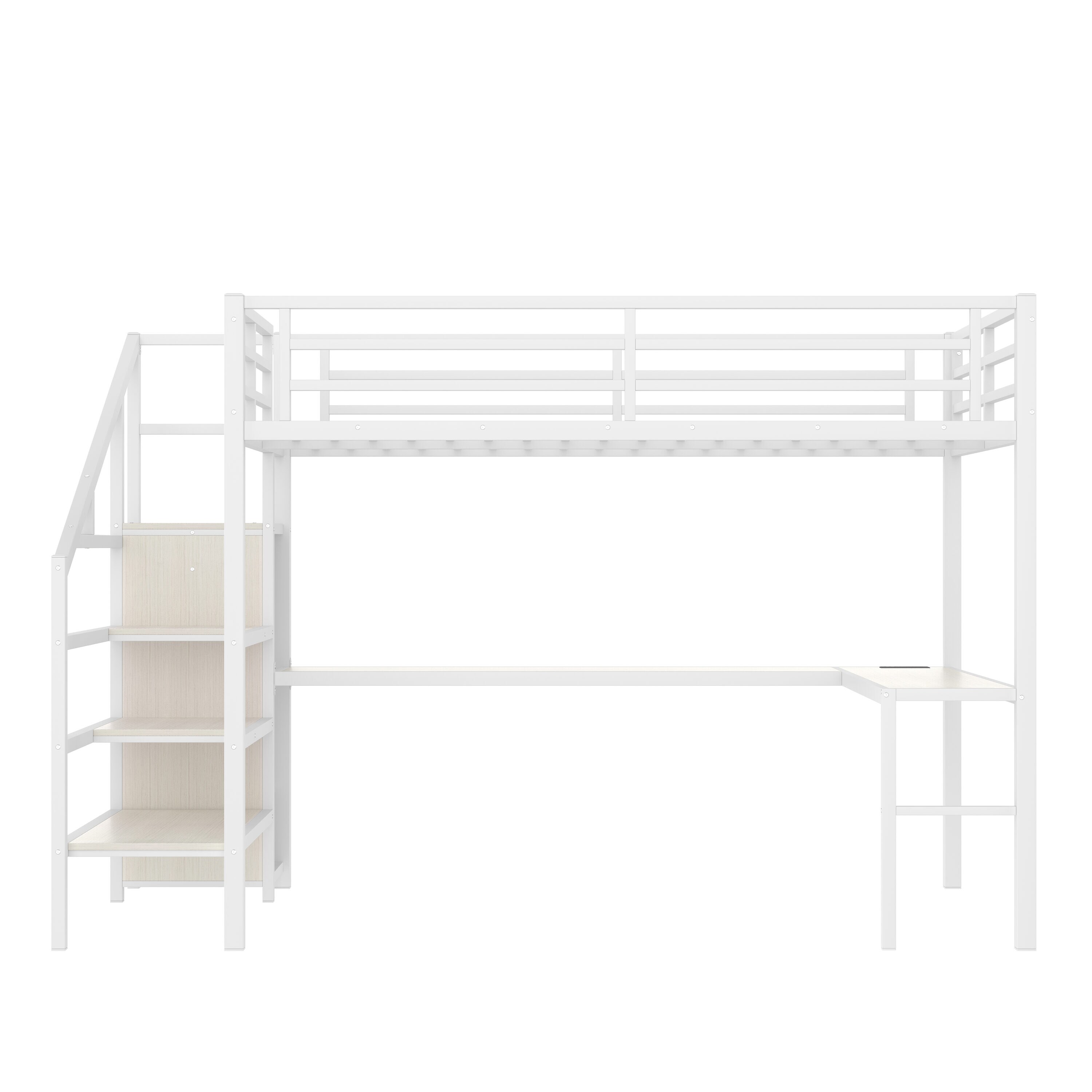 Huluwat Queen Size Metal High Loft Bed with L shaped Desk USB Wardrobe ...