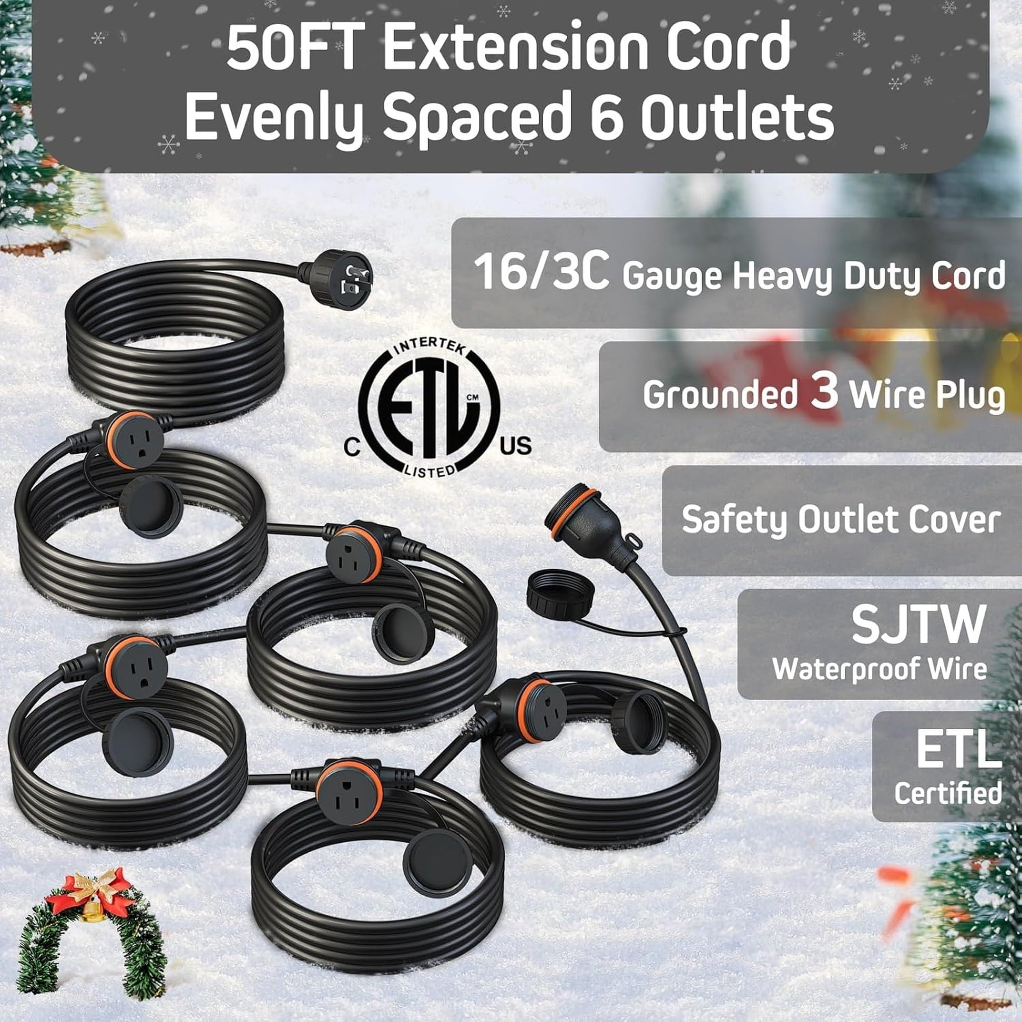 Numhew 50ft 6-Outlet Black Outdoor Extension Cord Weatherproof Cover ...