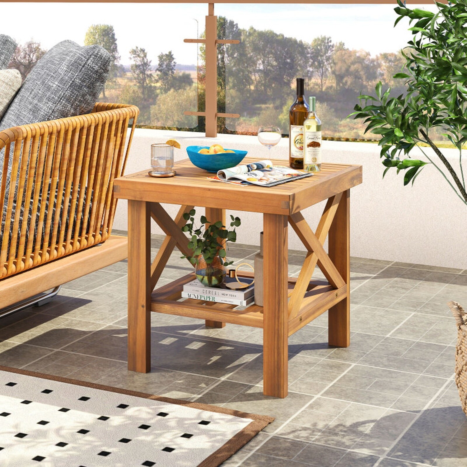 SUGIFT Square Outdoor Acacia Wood Side Table 18-in X-Frame with Storage ...