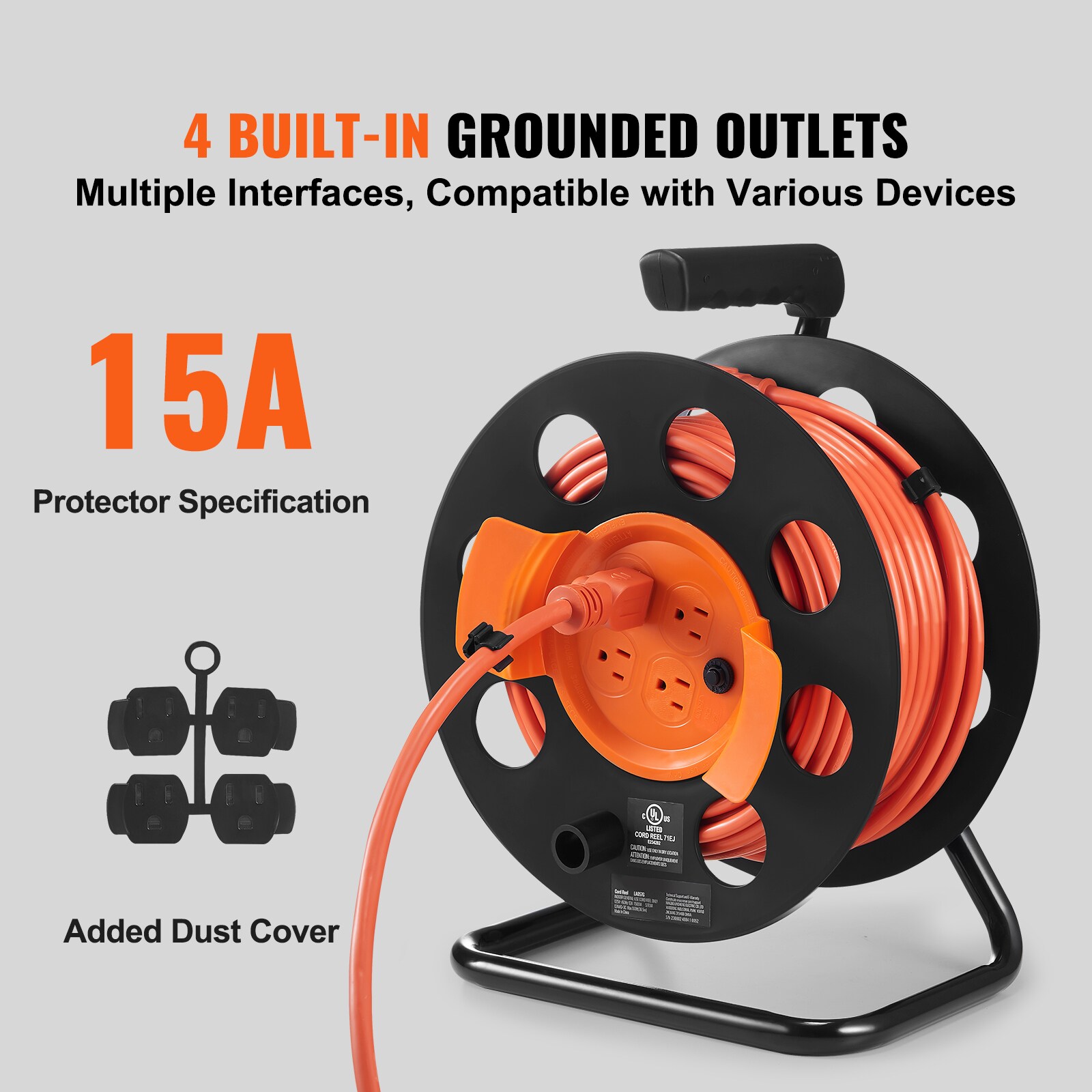 VEVOR Extension Cord Reel, 100FT, with 4 Outlets and Dust Cover, Heavy ...