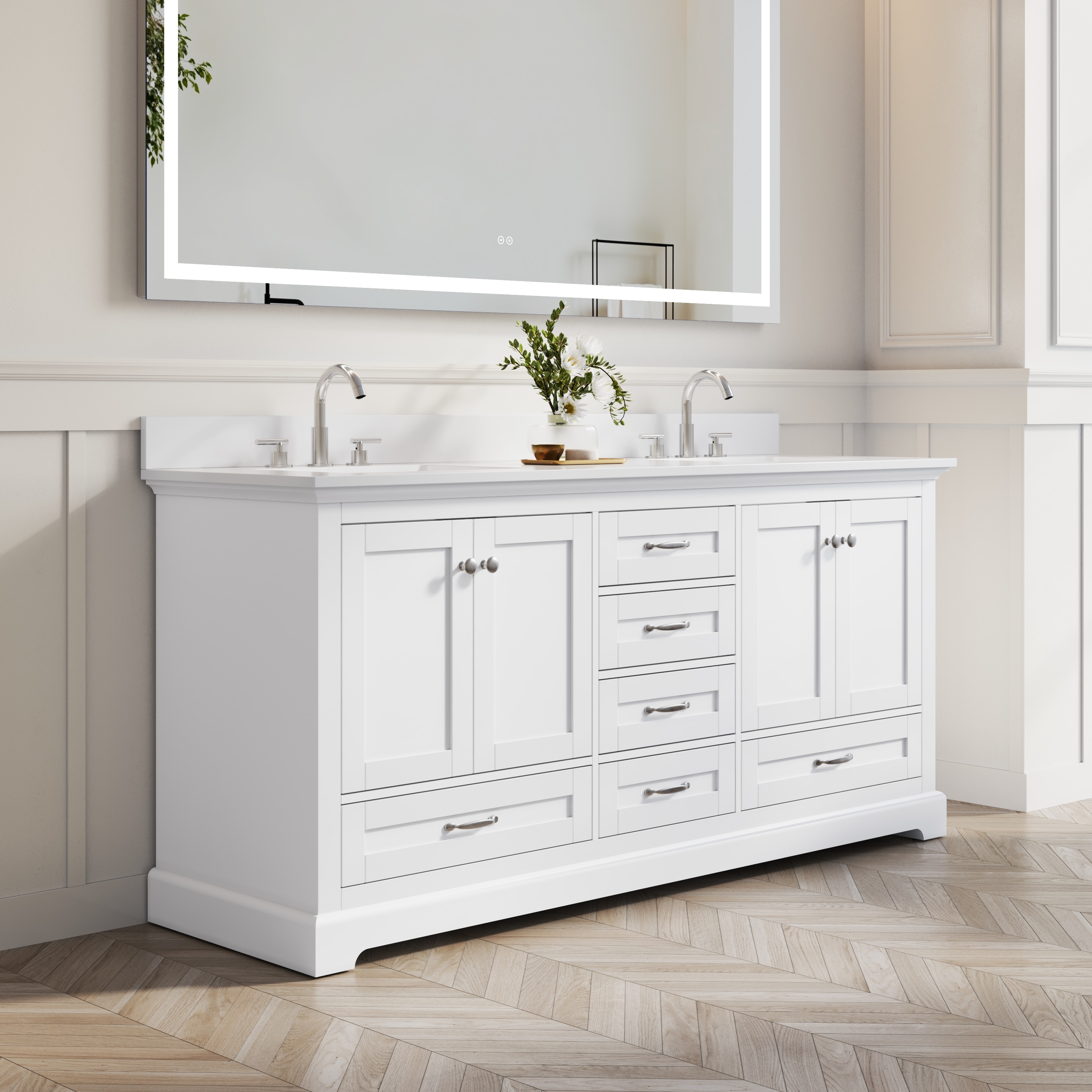 WELLFOR YC Solid Wood 72-in White Undermount Double Sink Bathroom ...