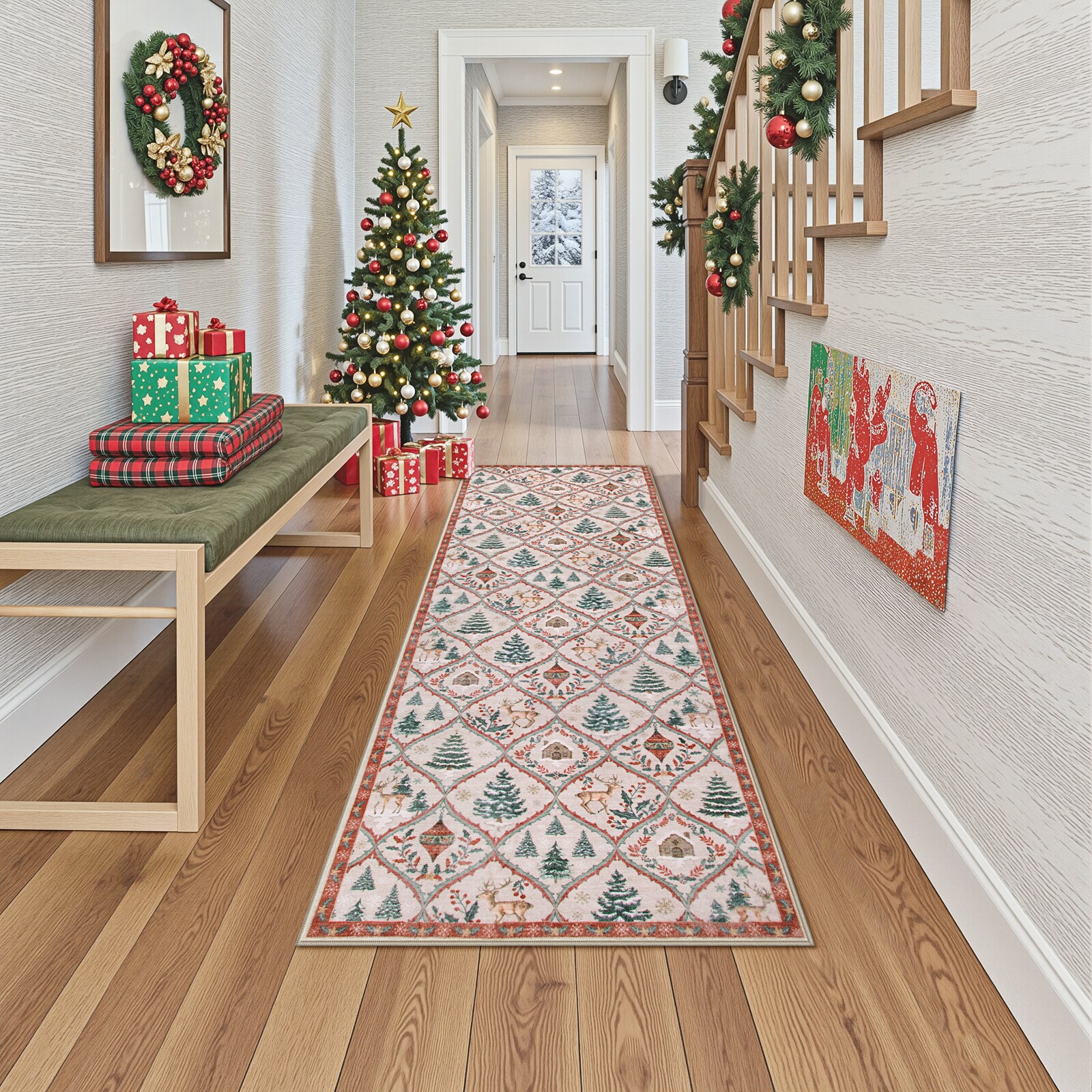 Lahome 2x6(ft) Beige Washable Christmas Christmas Deer Tree Pattern ...