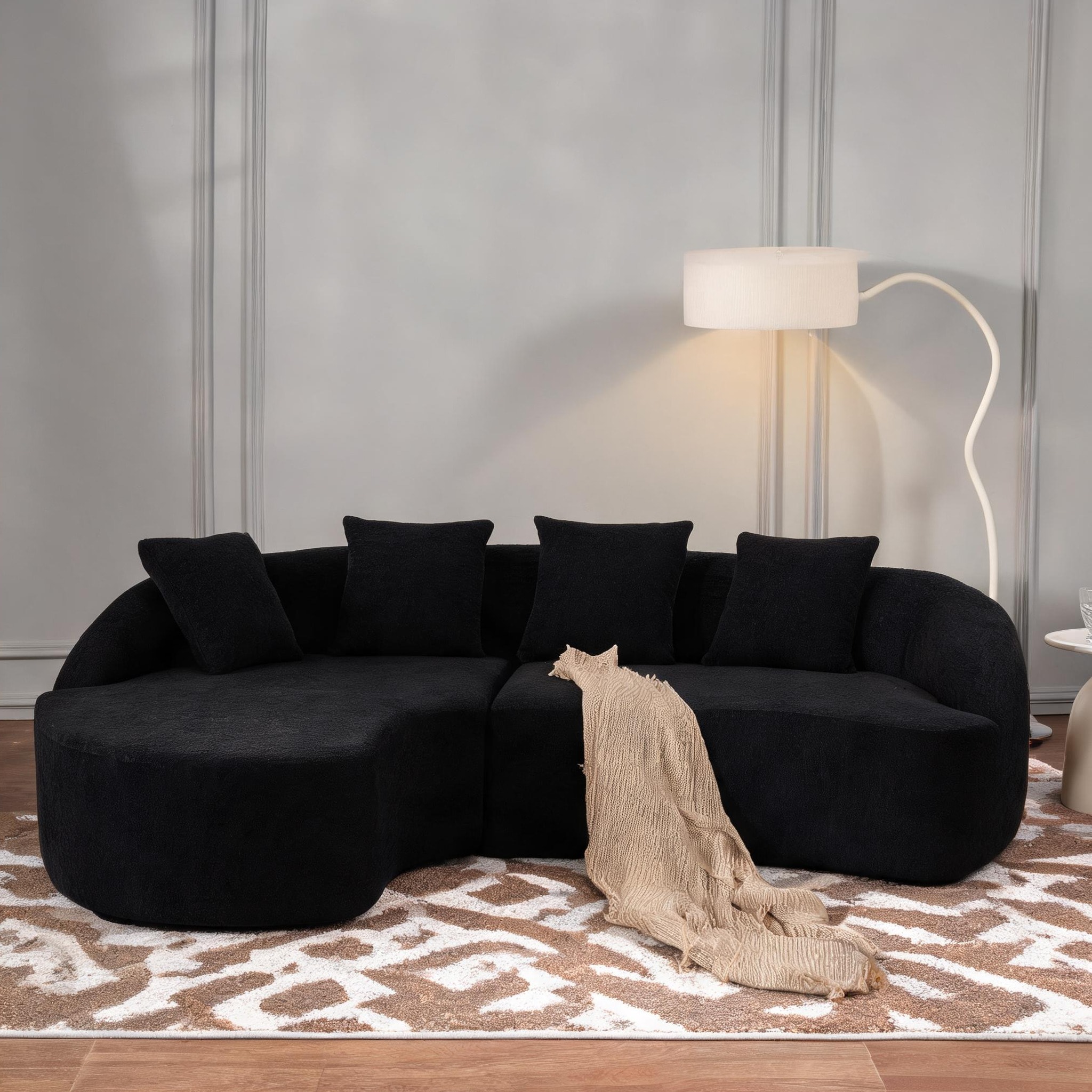 Naturefalls Black Chenille L-Shape Sectional Sofa with Curved Chaise ...