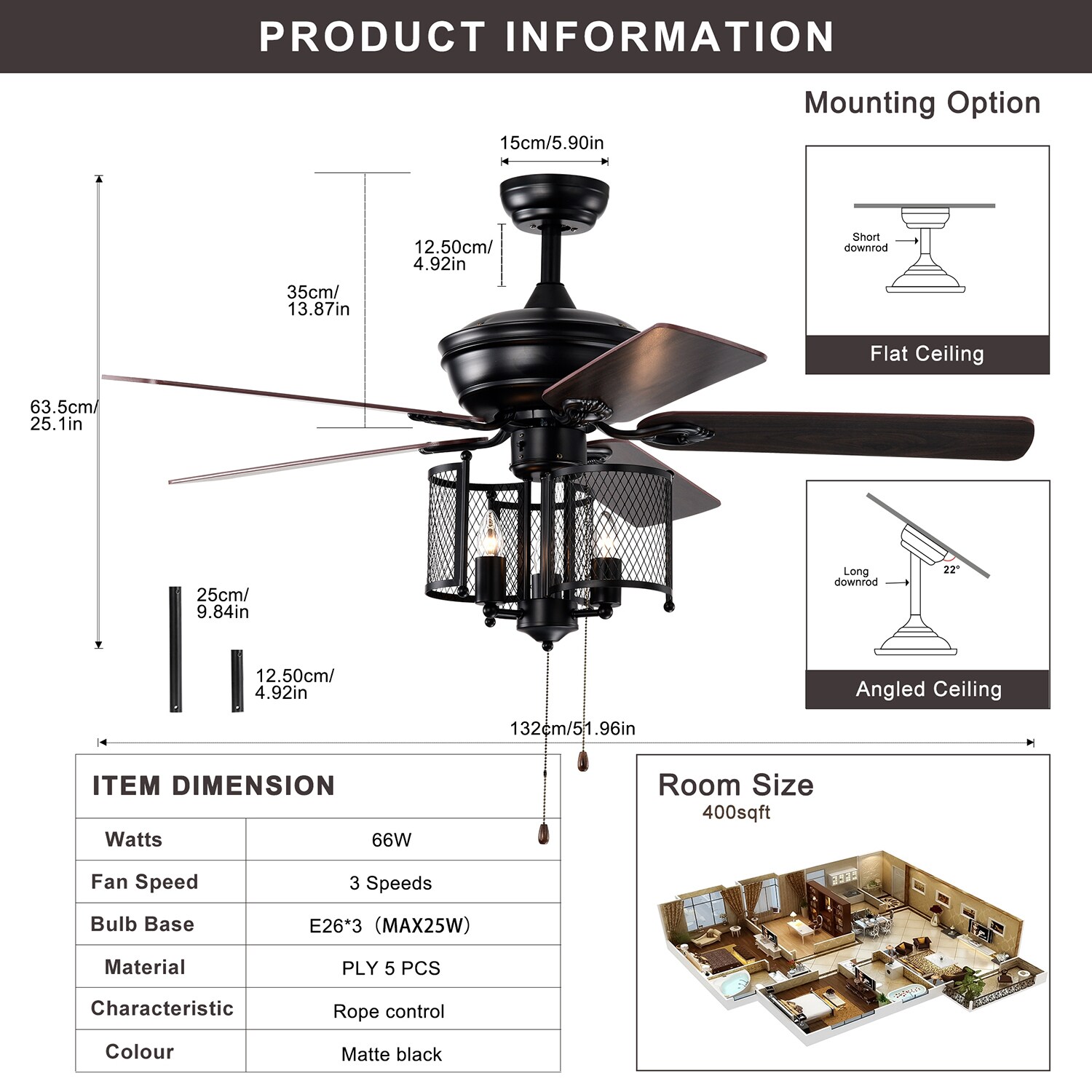 SINOFURN 52-in Black with Finished Blades Indoor Ceiling Fan (5-Blade ...