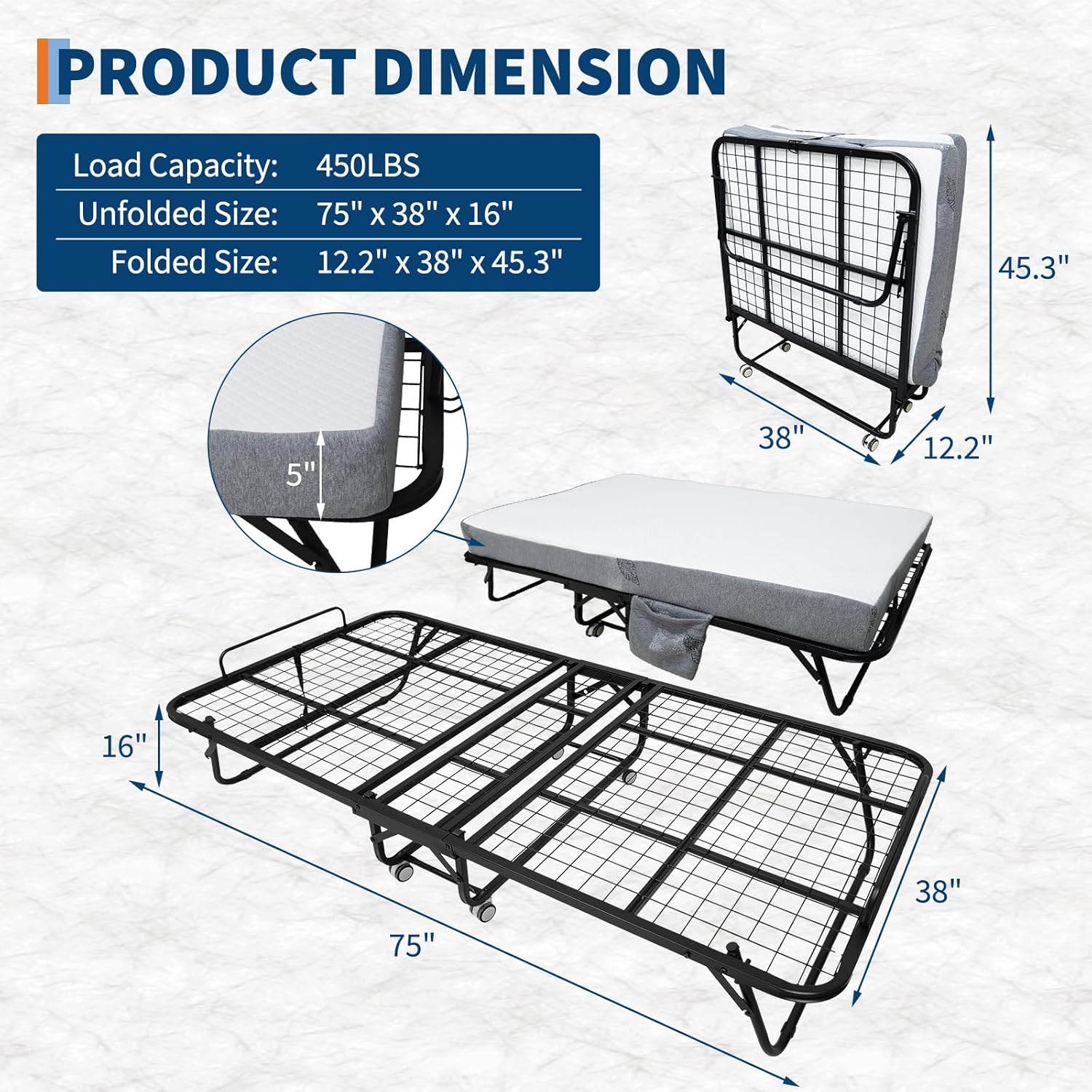 IdealHouse 75x38 Inch Folding Bed With Mattress Memory Foam And Wheels ...