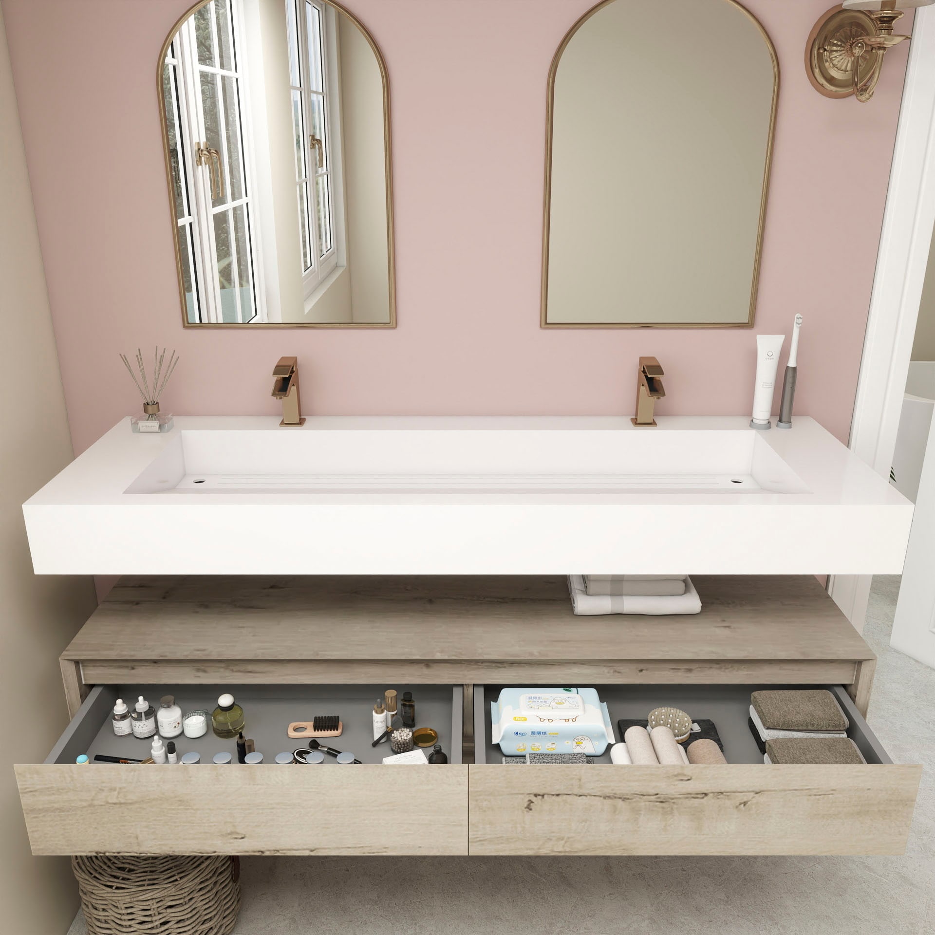 BV Better Vanity Alysa 60-in Light Oak Double sink Floating Bathroom ...