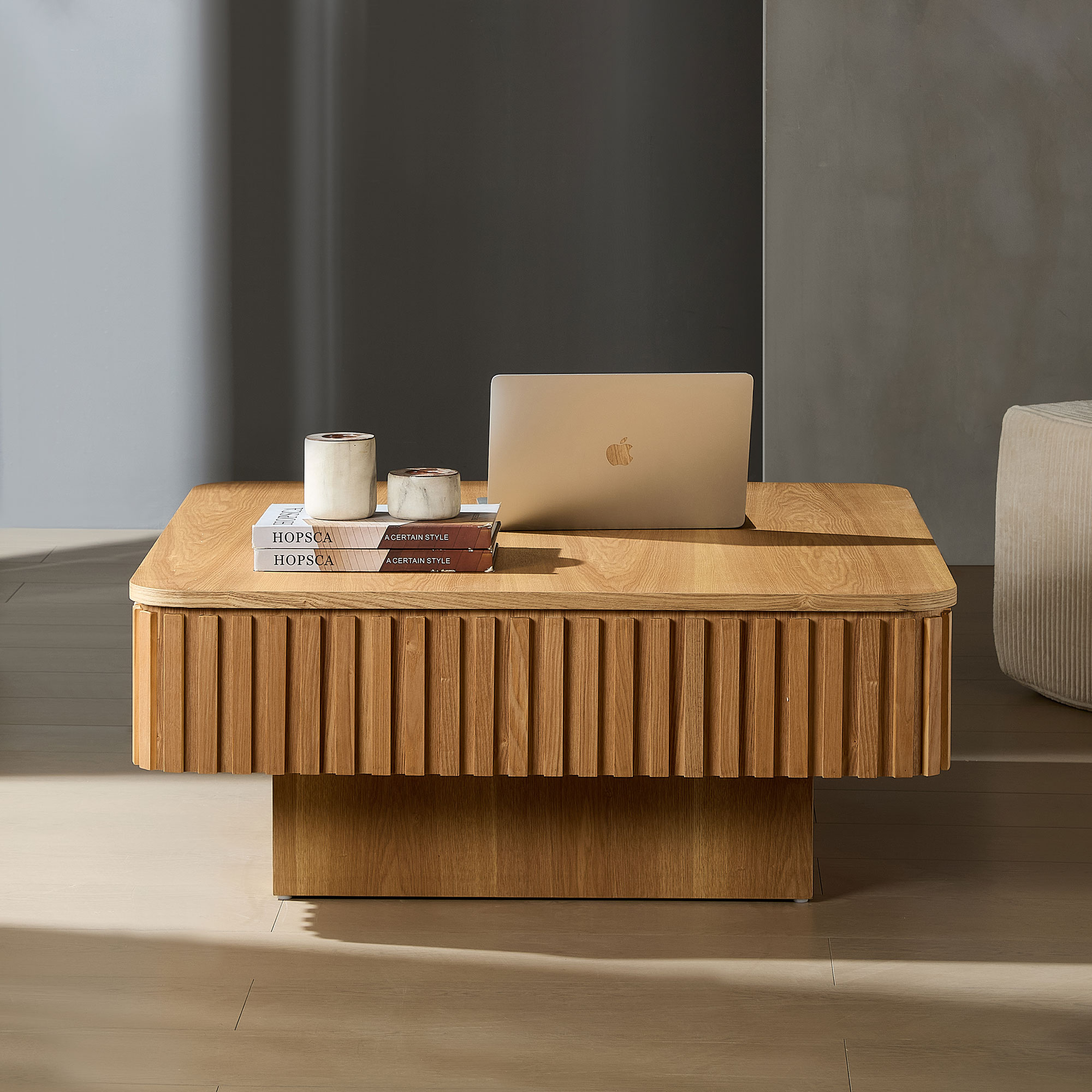 LOVMOR 35 Inch Modern Handcraft Drum Coffee Table Square Coffee Table ...