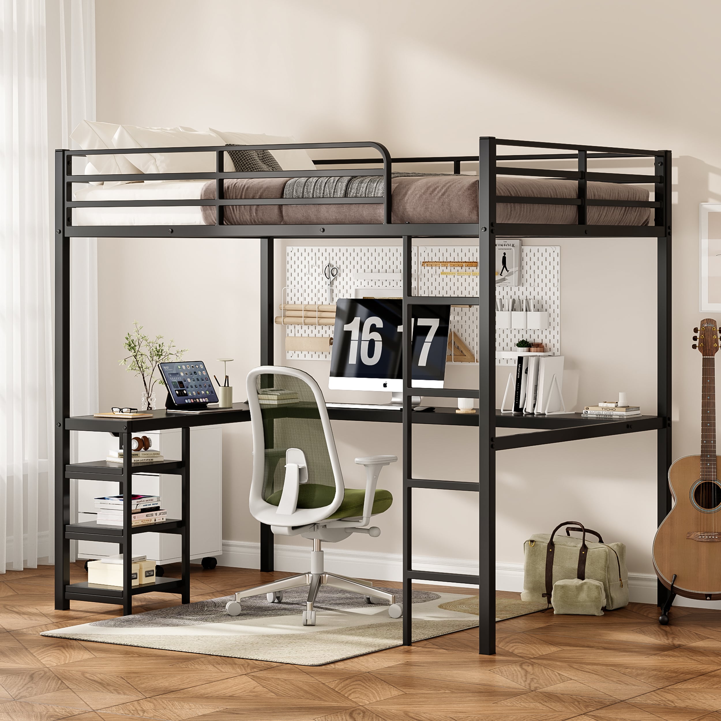 LOVMOR Full Size Loft Bed with Desk and Open Shelves Heavy Duty Metal ...