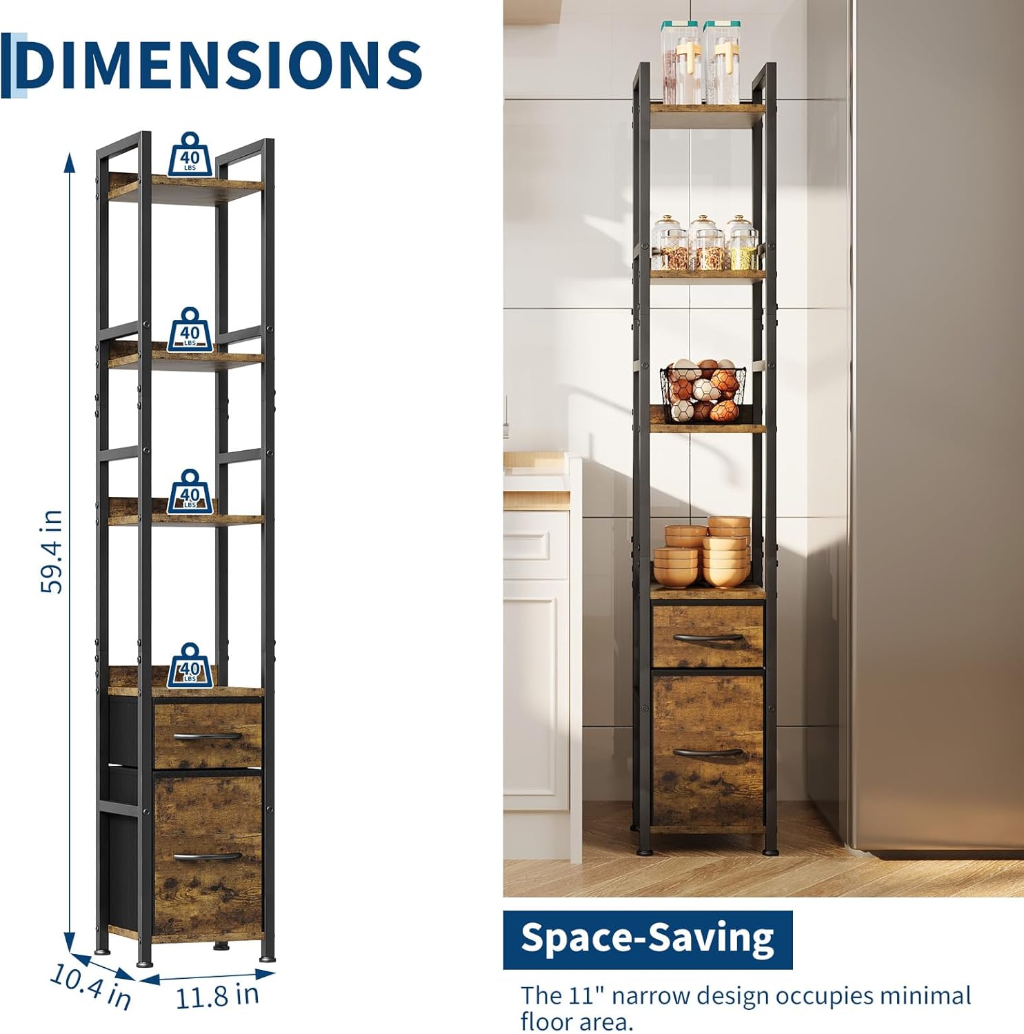 IdealHouse 6 Tier Bookshelf 59in Tall Narrow Bookcase with 2 Storage ...
