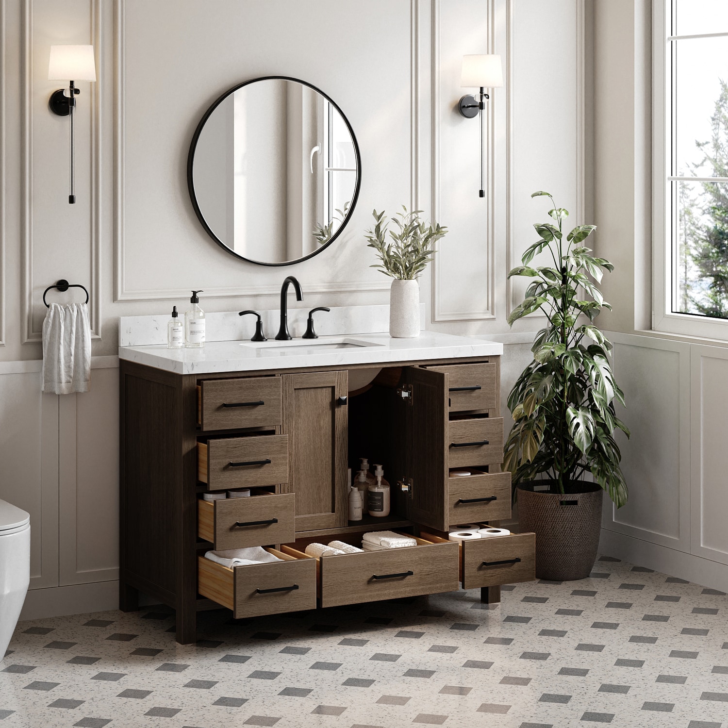 ARIEL Cambridge 48-in Brown Oak Bathroom Vanity Base Cabinet without ...