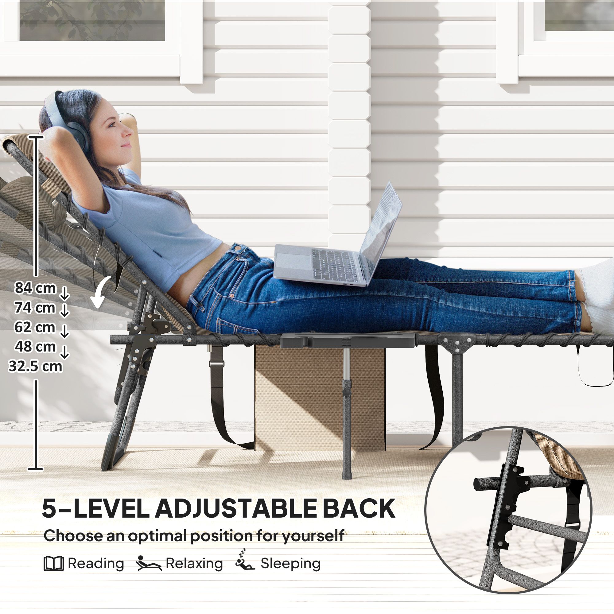 JUSHUA Folding Outdoor Chaise Lounge Chair for Sunbathing with 5 Level ...