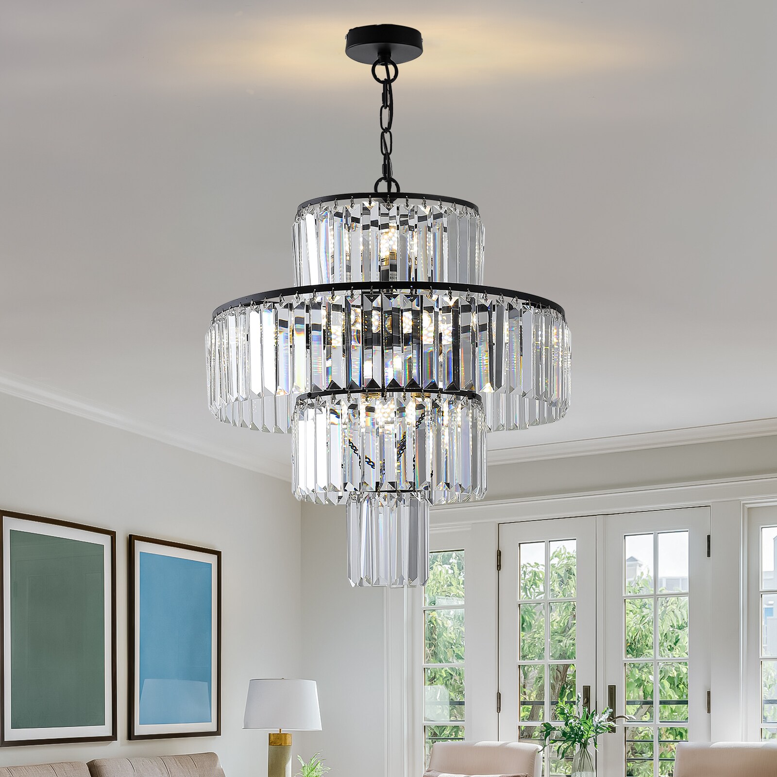 LUXEYARD 20 Modern Crystal Chandelier with Black Finish 4 Tier Design ...