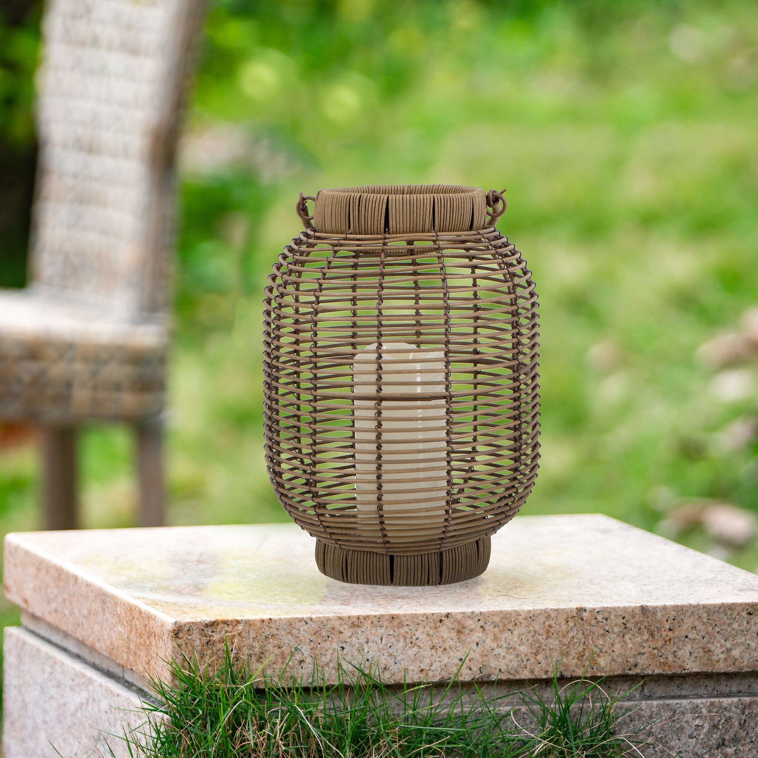 Boyel Living Brown Poly Rattan Lantern with White LED Candle 8.7 by 8.7 ...