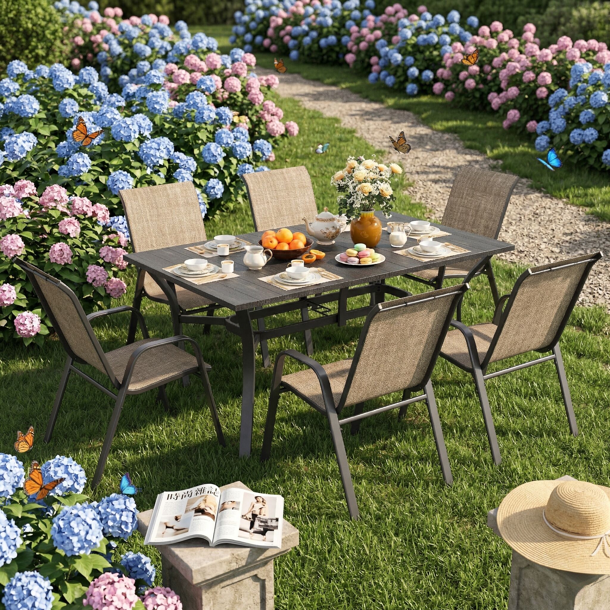 LUXEYARD 7-Piece Outdoor Patio Dining Set 63in x 38in Rectangular Wood ...