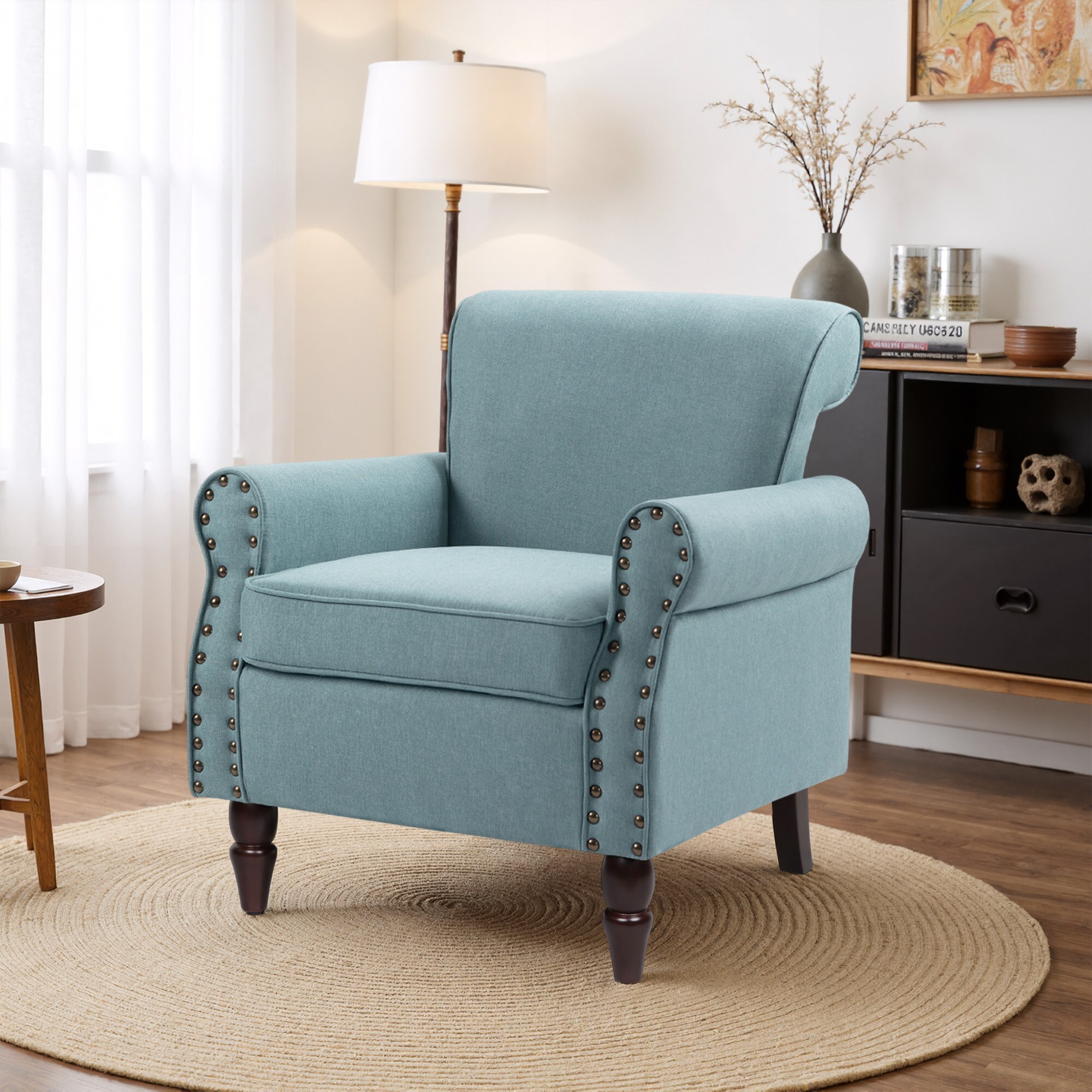 Dreamsidea Cotton Linen Nailhead Trim Wooden Accent Armchai LIGHT BLUE ...