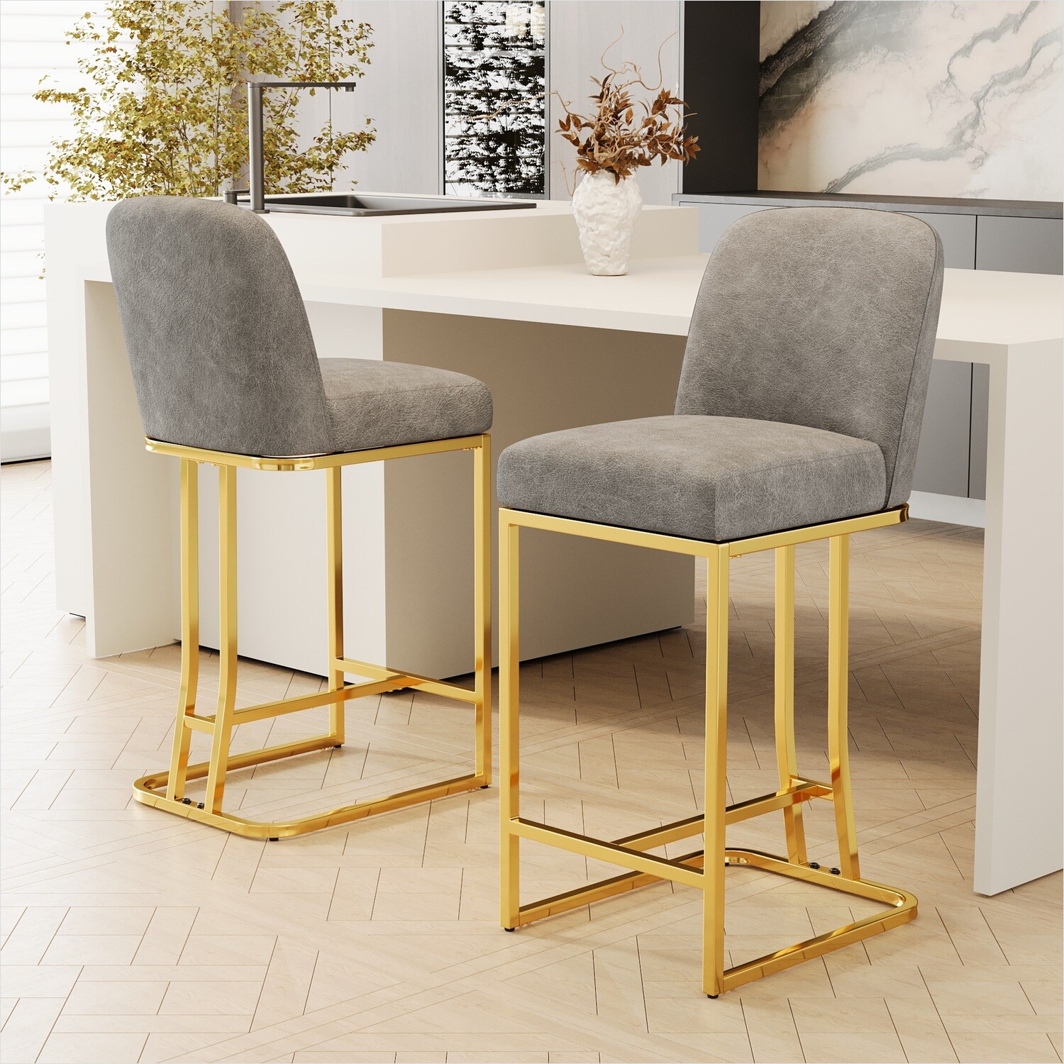 Watnature Set of 2 Modern Bar Chairs Gray-Toned PU Upholstery and Gold ...