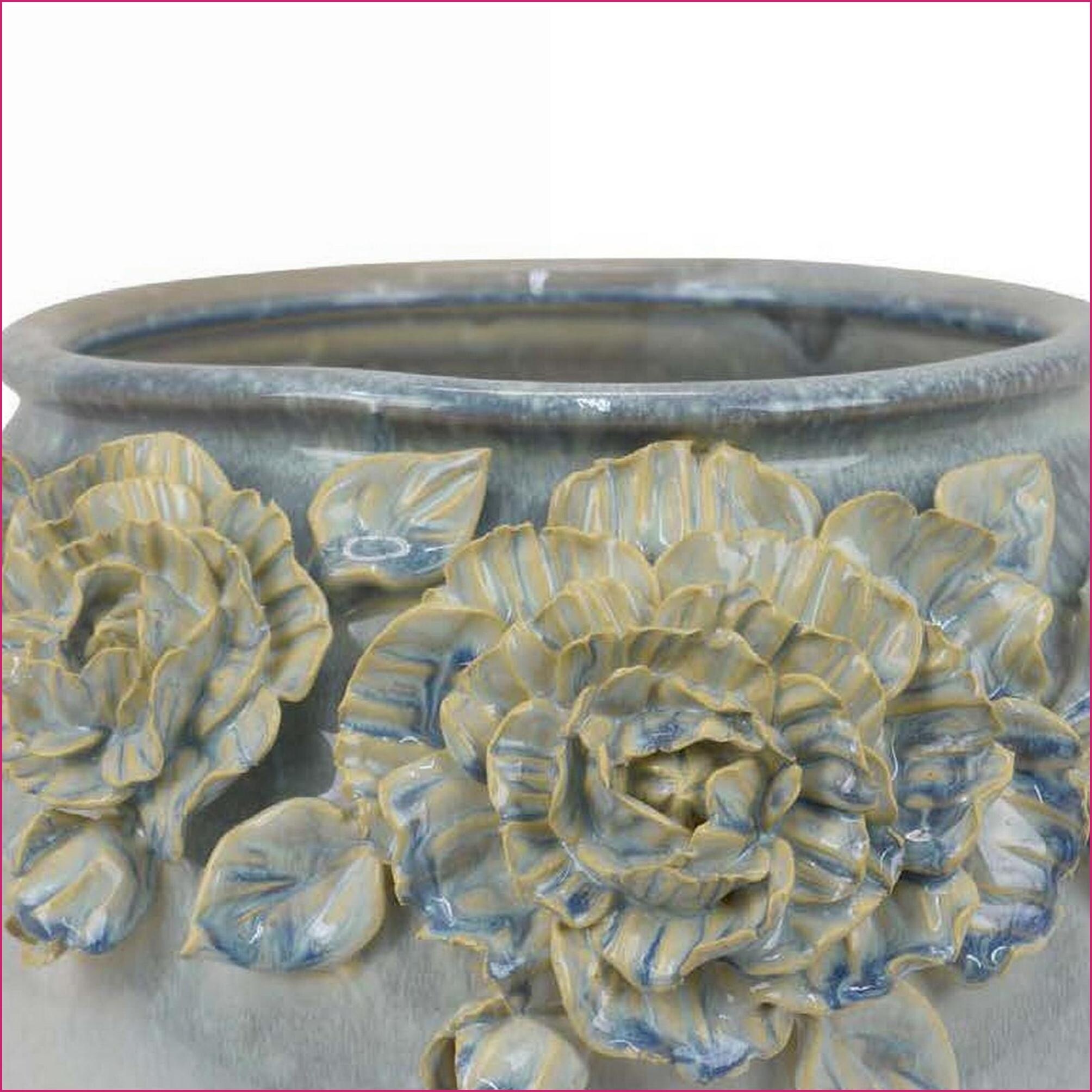 Watnature Planter 12 Inch Snow White Ceramic Floral Applique Accent ...