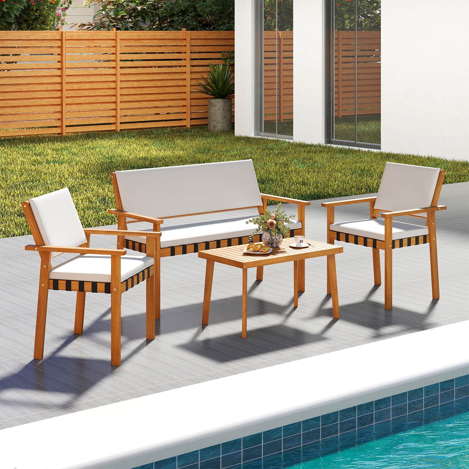 Costway 4 PCS Wood Furniture Set with Coffee Table Seat Back Cushions ...