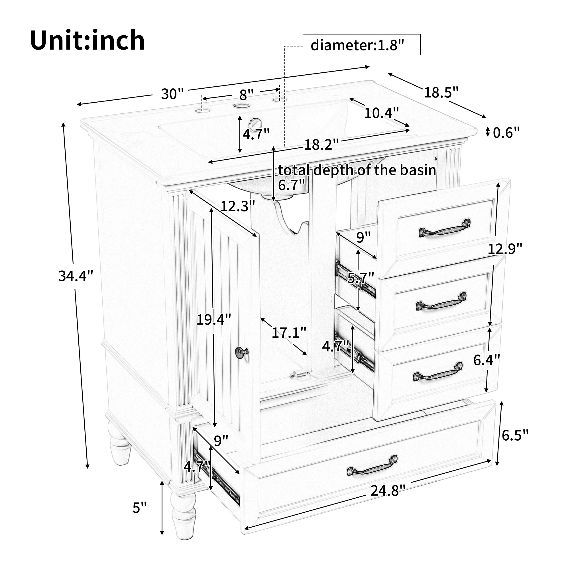 Huluwat 30 Inches Bathroom Vanity with Sink Bathroom Cabinet with a ...