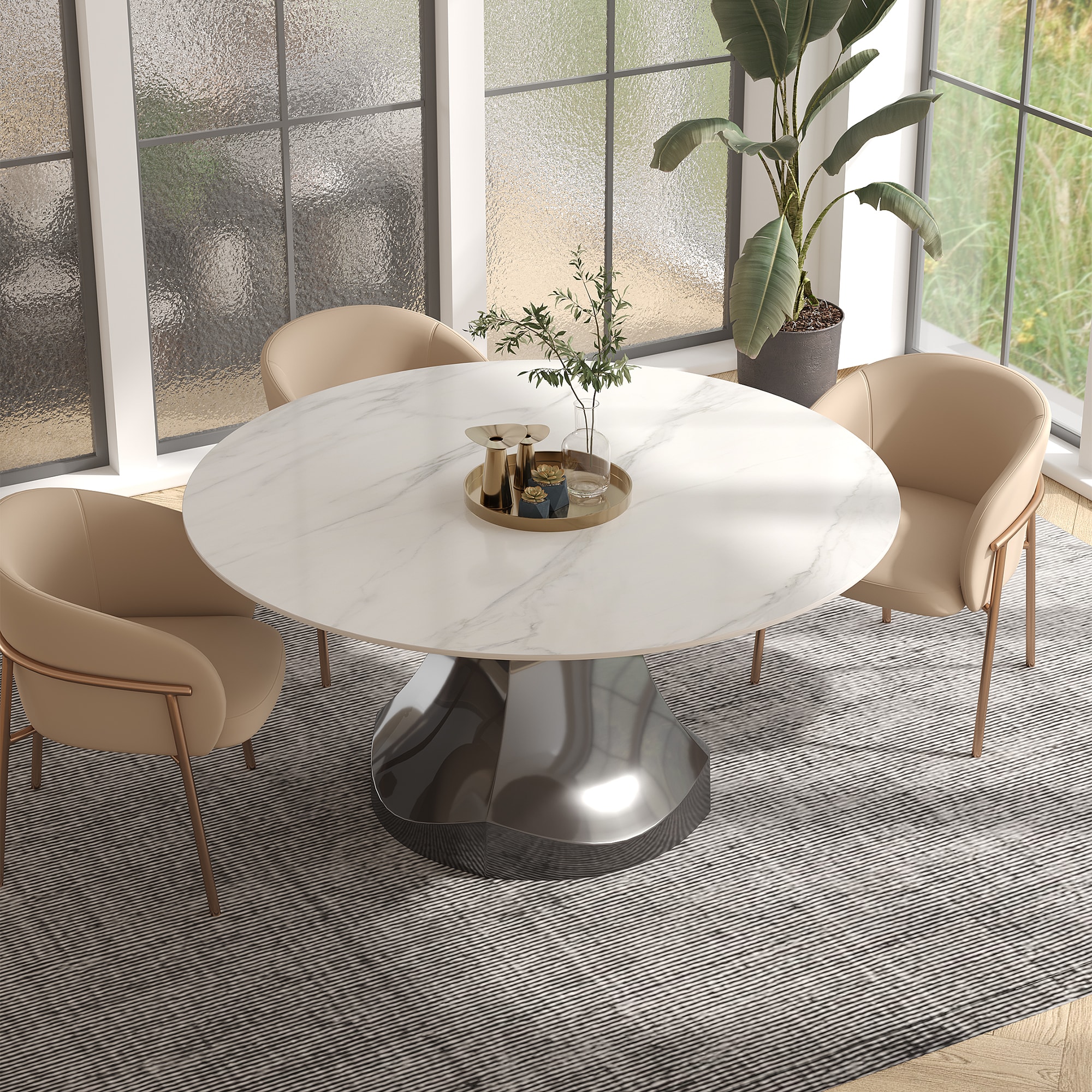 White Round Contemporary/Modern Marble Dining Table, with Gray Finish ...