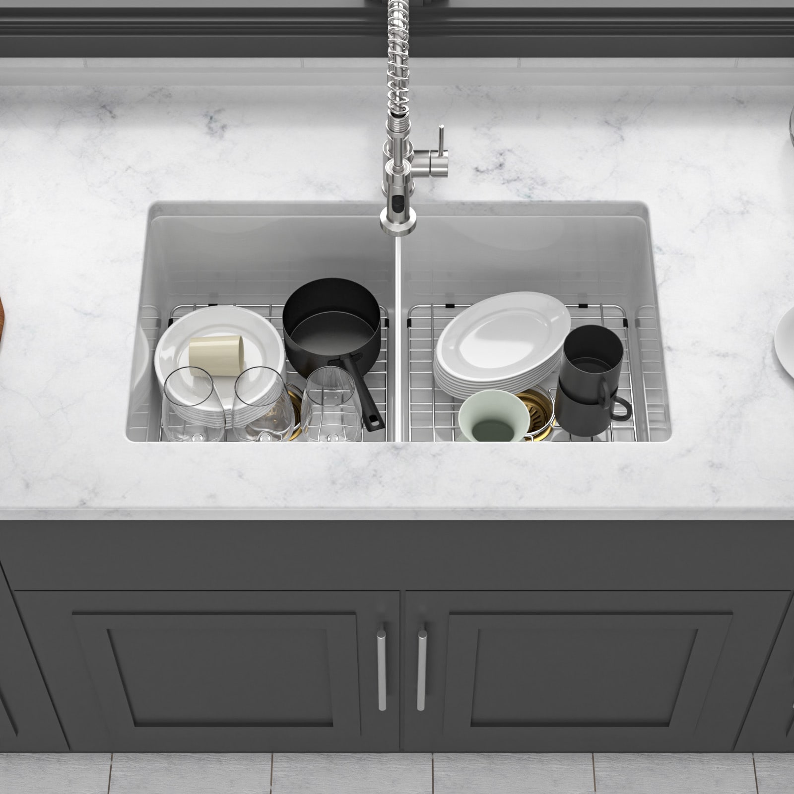 LOVMOR 32in Undermount Double Bowl Porcelain Ceramic Kitchen Sink Dual ...