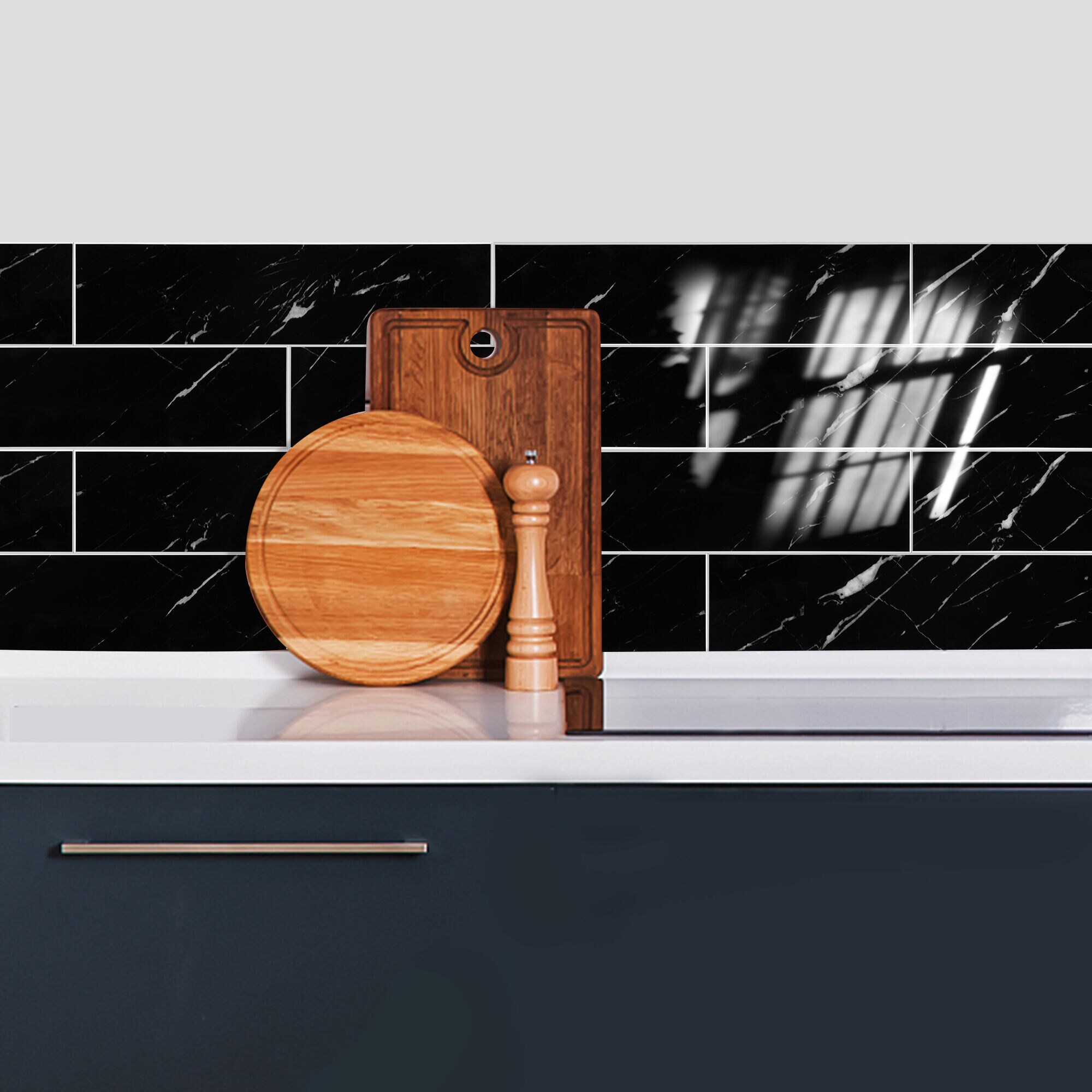 LuxySplash Drita 6-in x 72-in Black Marble with White Veins Backsplash ...