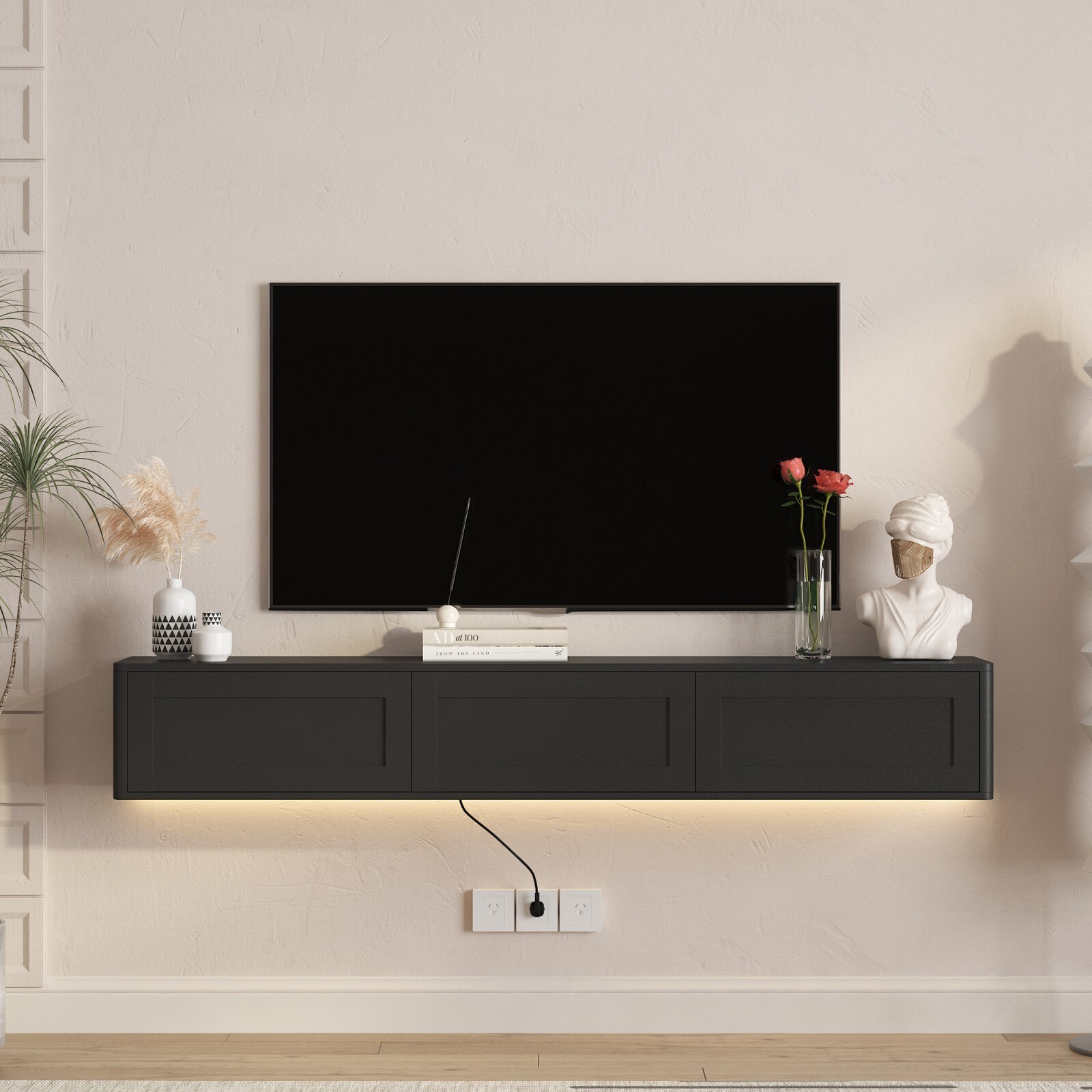 GlasFlength Floating TV Stand Wall Mounted TV Shelf with LED Lights and ...