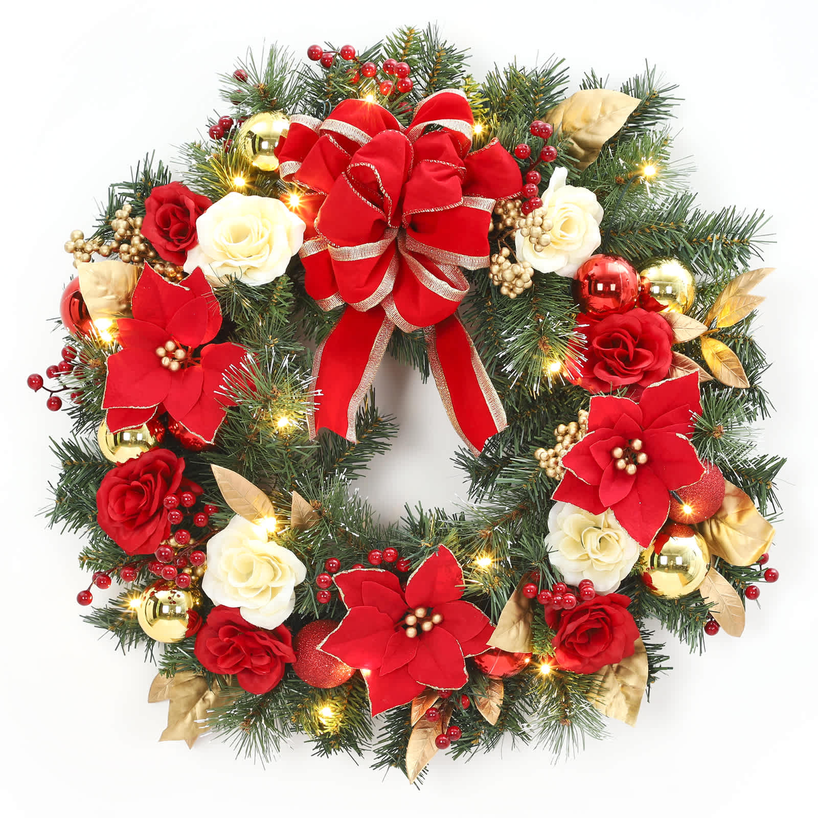 Qeetex 24 Inch Pre-Lit Christmas Wreath for Front Door Artificial ...