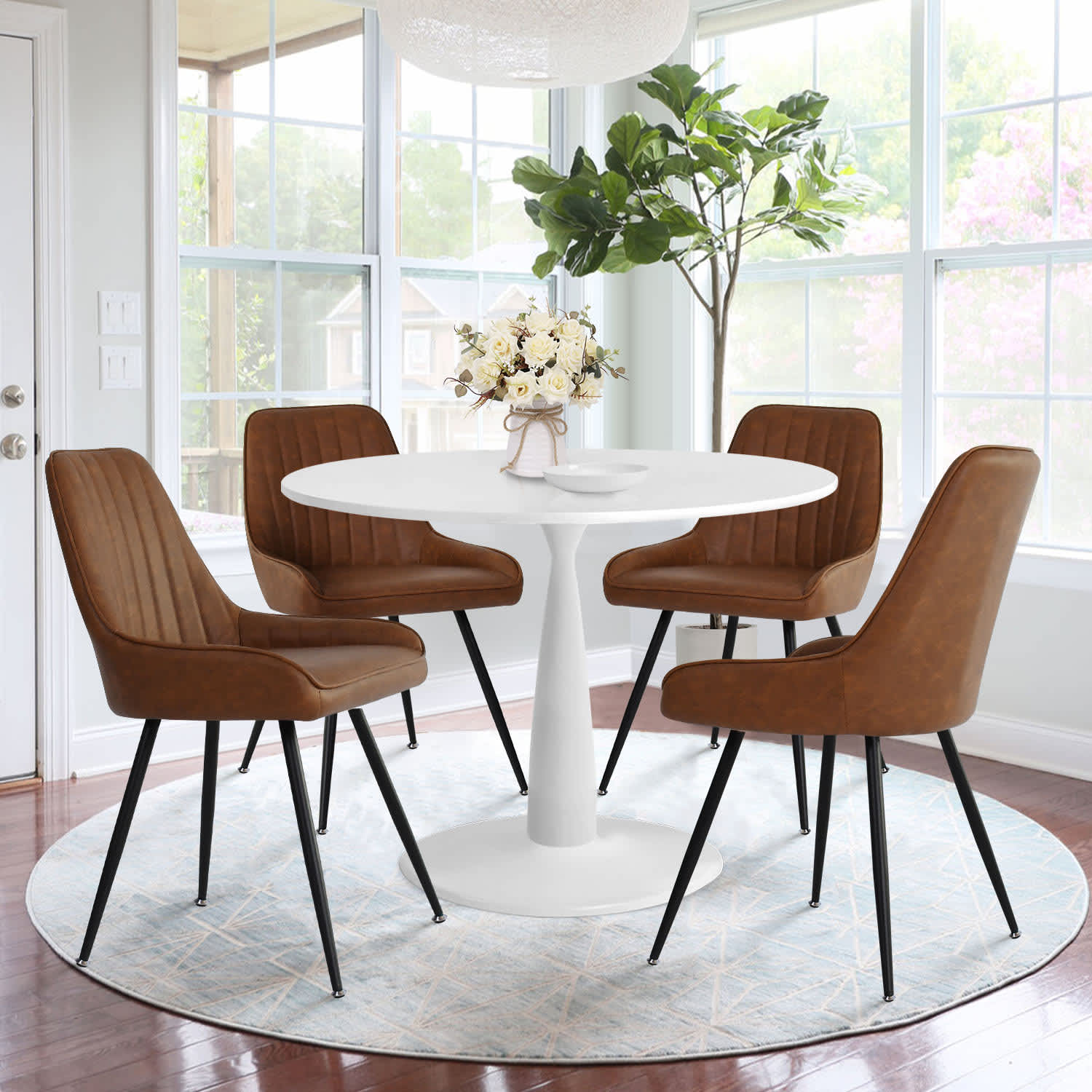 Maison Boucle Modern White Round Dining Table Set for 4 with Brown ...