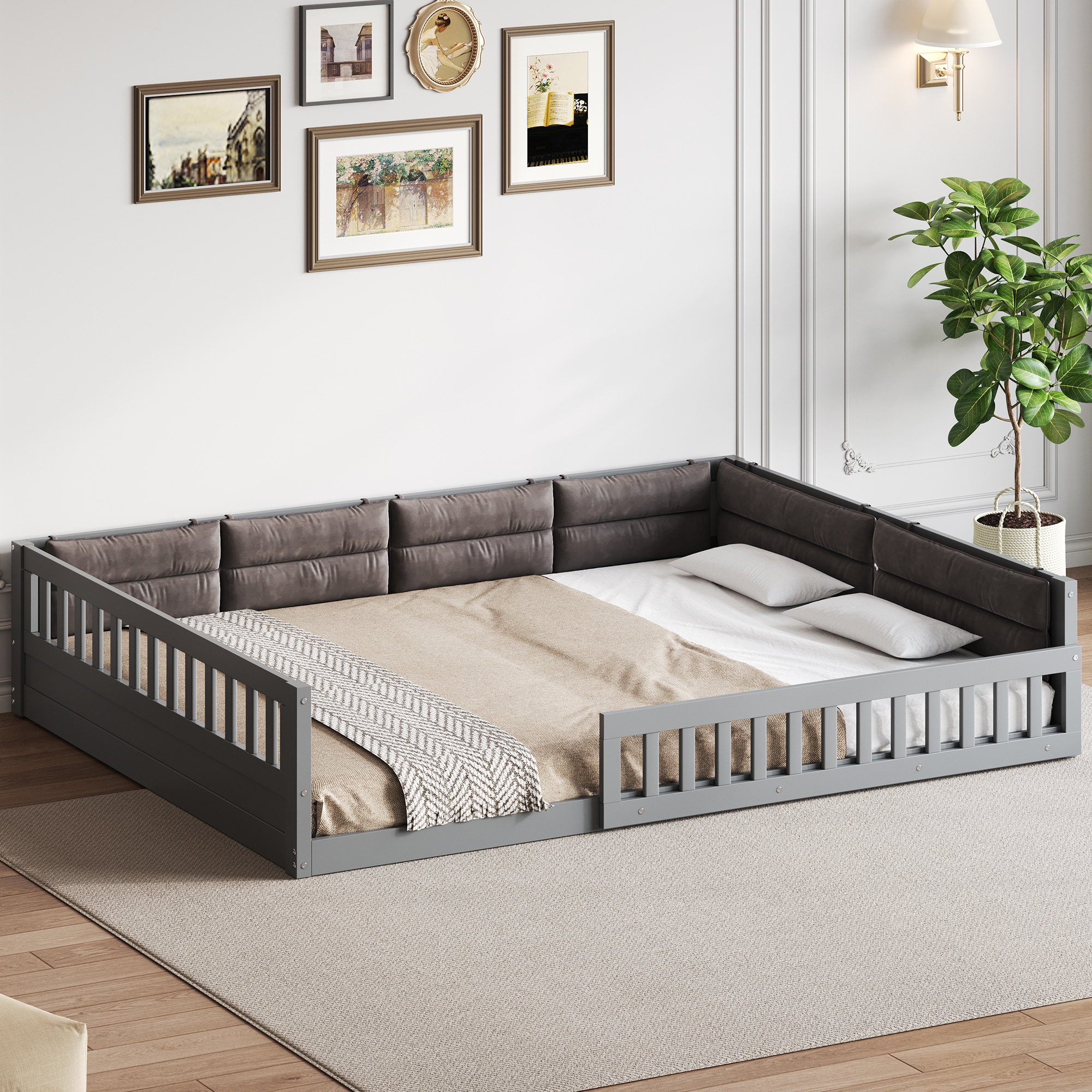 Loebelle Full Size Upholstered Wood Floor Bed with Guardrails and ...