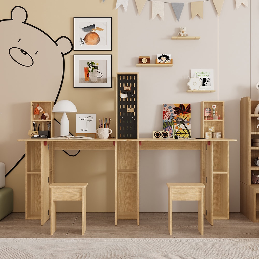 Homsee Multifunctional Folding Double Desk Cabinet with Hidden Chairs ...