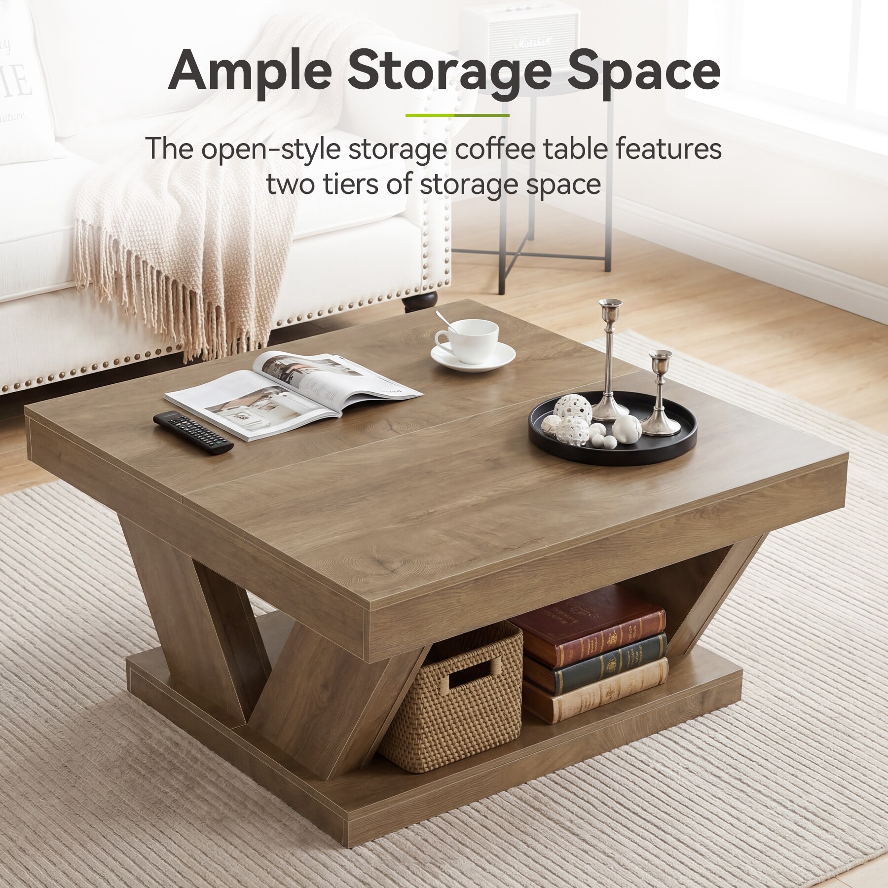 Tribesigns Farmhouse Square Brown 39.4 inch W Coffee Table with Large ...