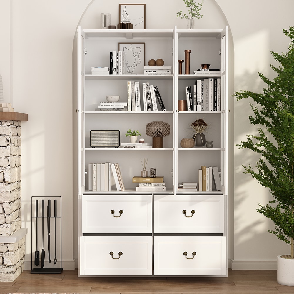 Homsee Modern Stylish Bookcase with Tempered Glass Doors Drawers ...