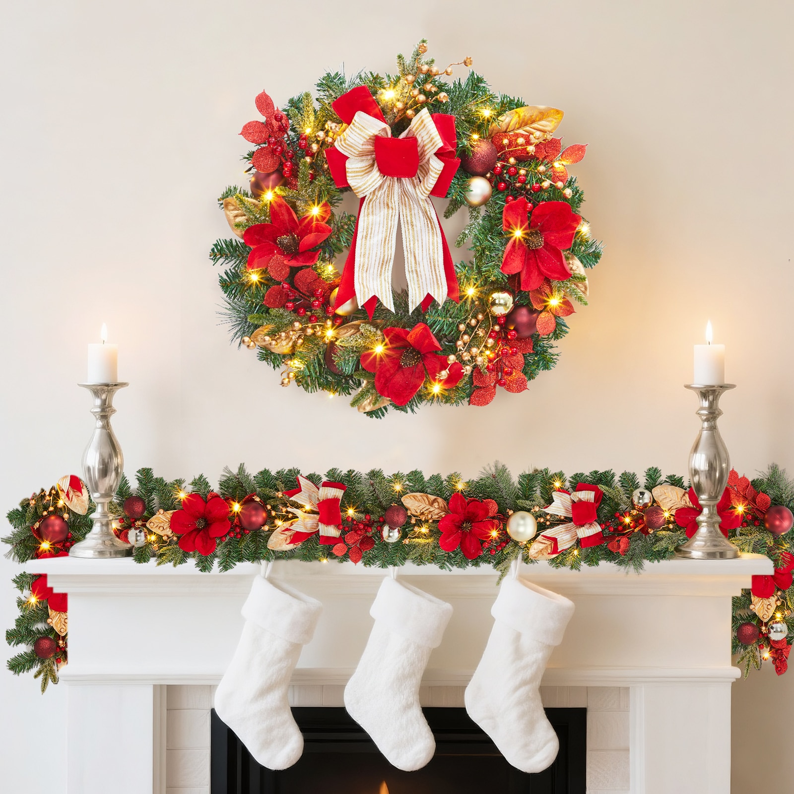 GMC 6ft Artificial Christmas Wreath for Front Door with LED Lights Red ...